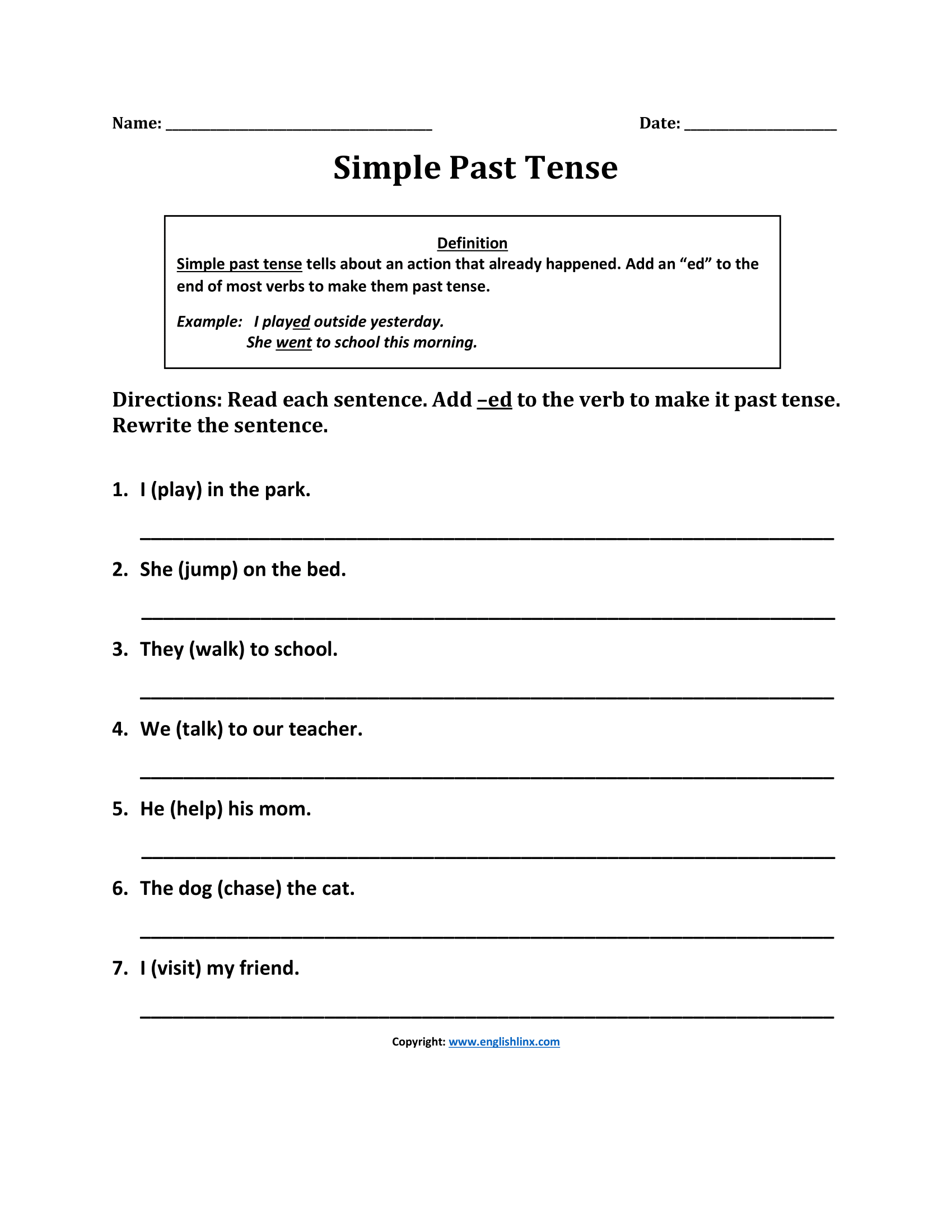 Simple Past Tense Worksheets (Free Printable PDFs) | Grades K–12