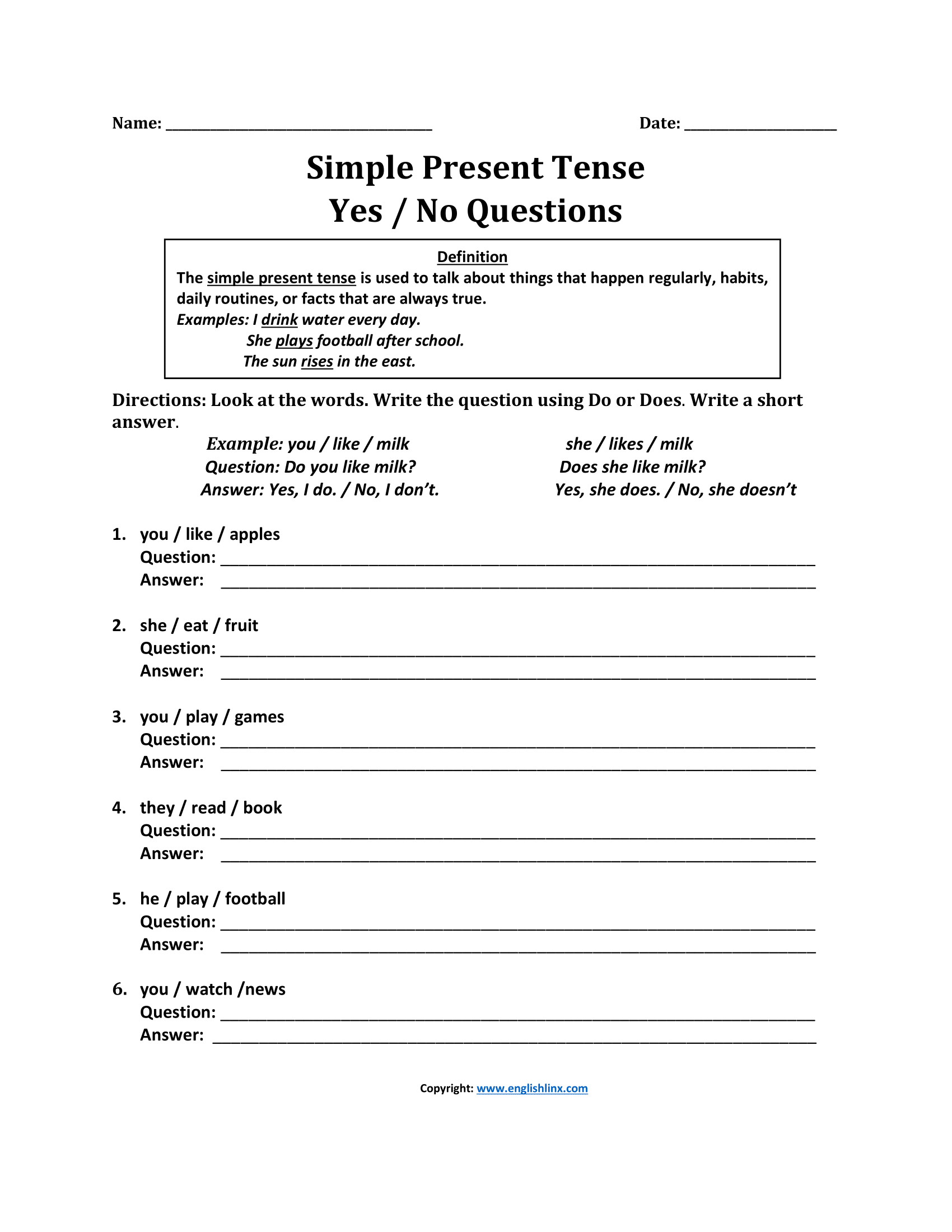Simple Present Tense Worksheets (Free Printable PDFs) | Grades K–12