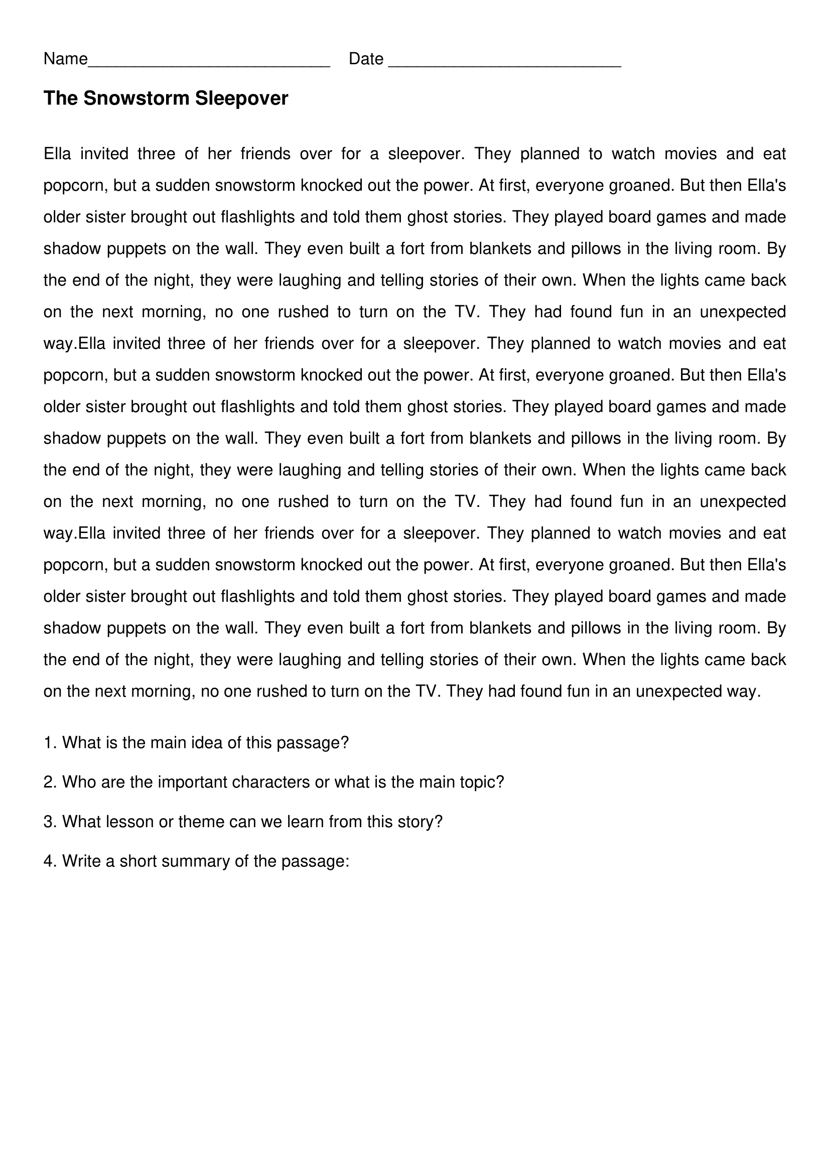 Snowstorm Sleepover 5th Grade Reading Comprehension Worksheets