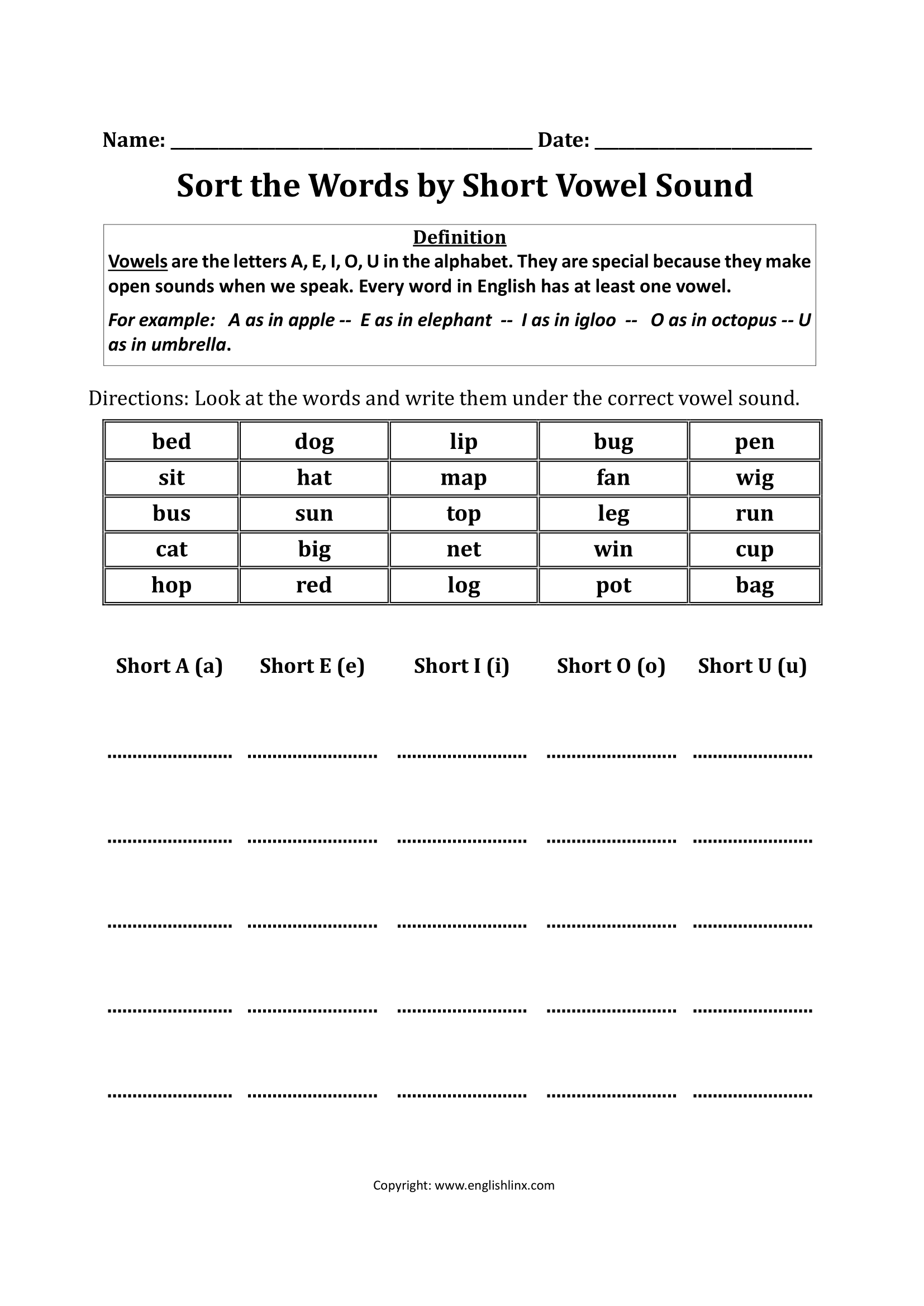 Vowels Worksheets | Sort the Words by Short Vowel Sound Worksheet