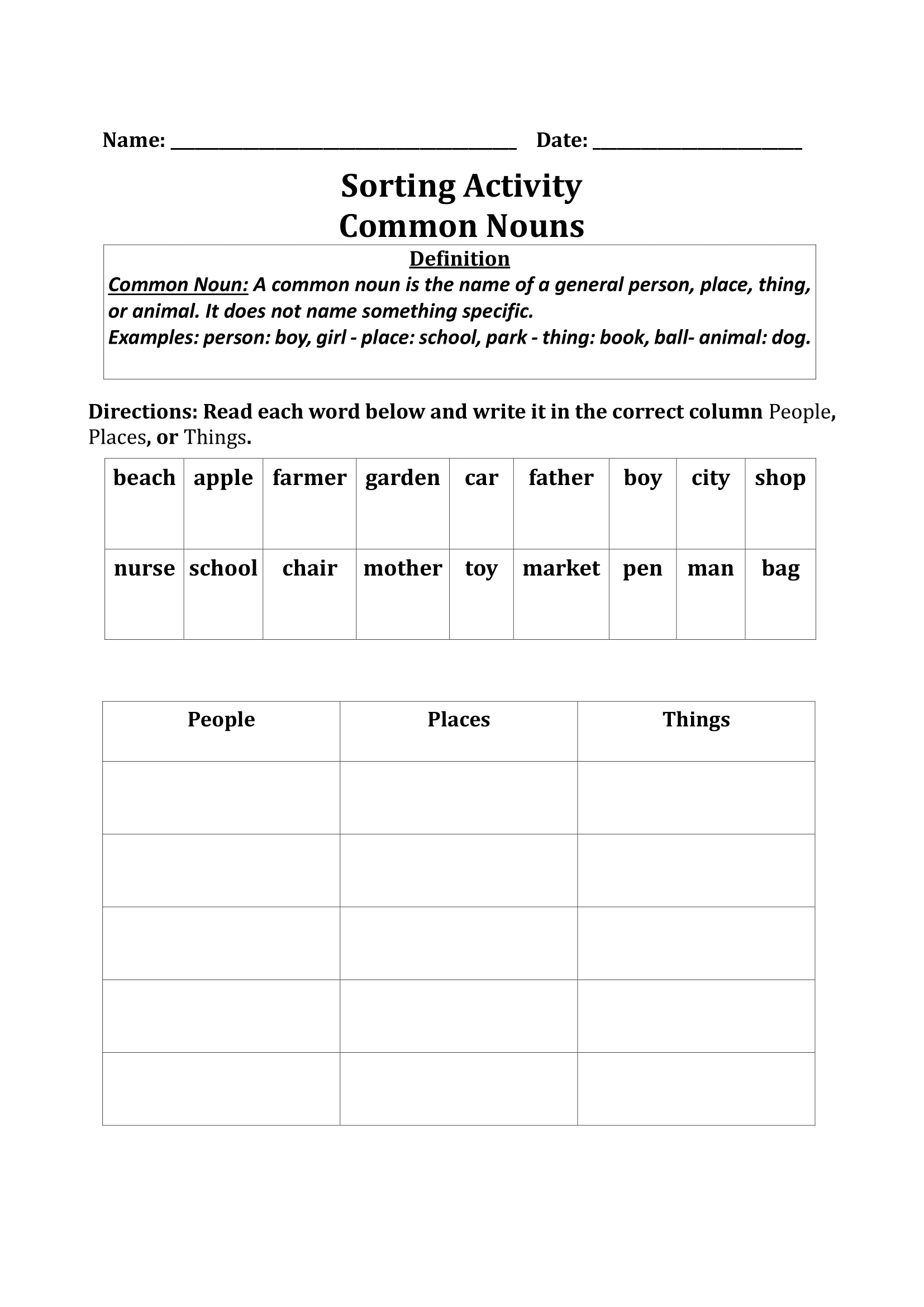 Common Noun Worksheets | Sorting Activity: Common Nouns Worksheet