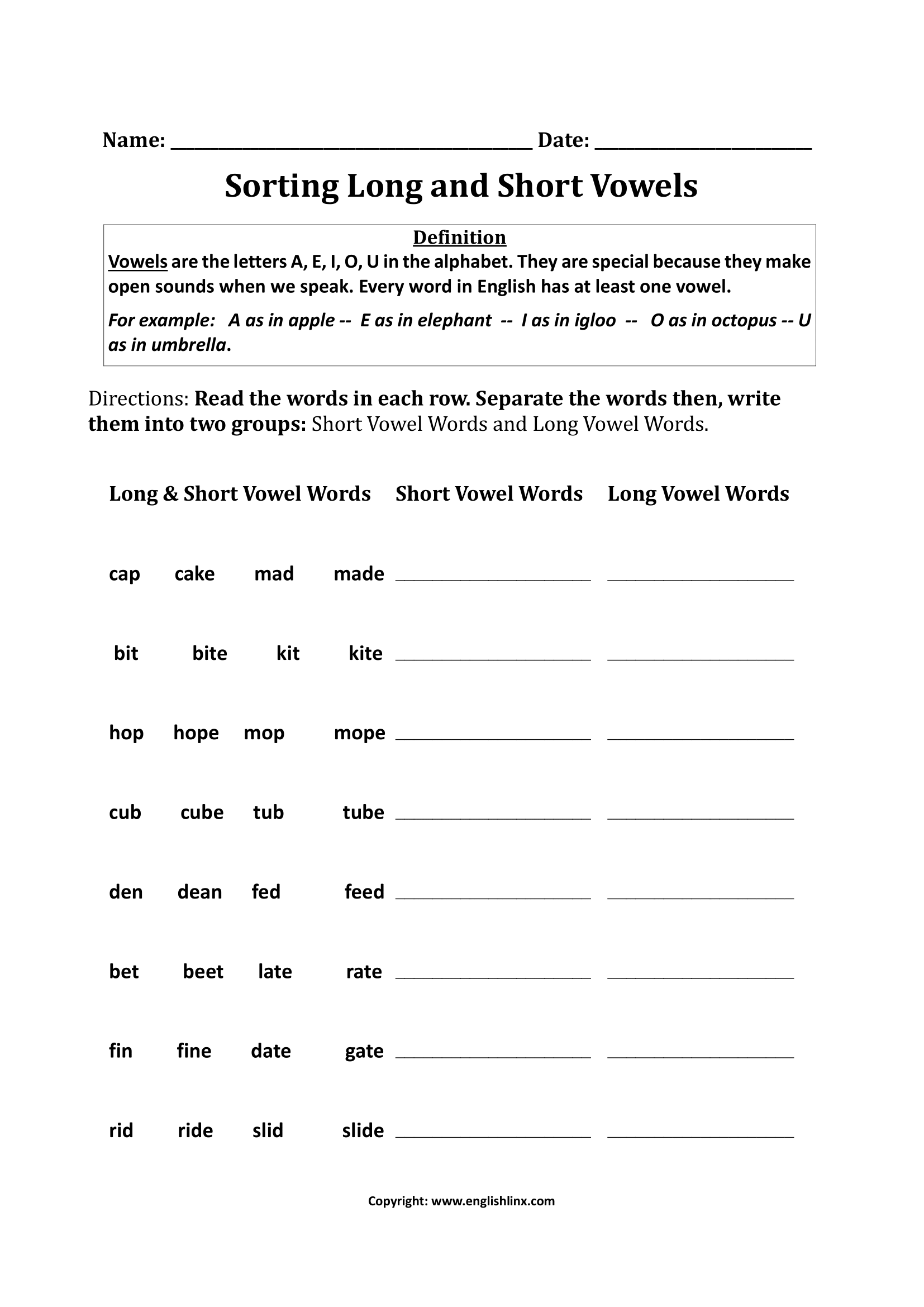 Vowels Worksheets | Printable Long and Short Vowel Phonics Practice