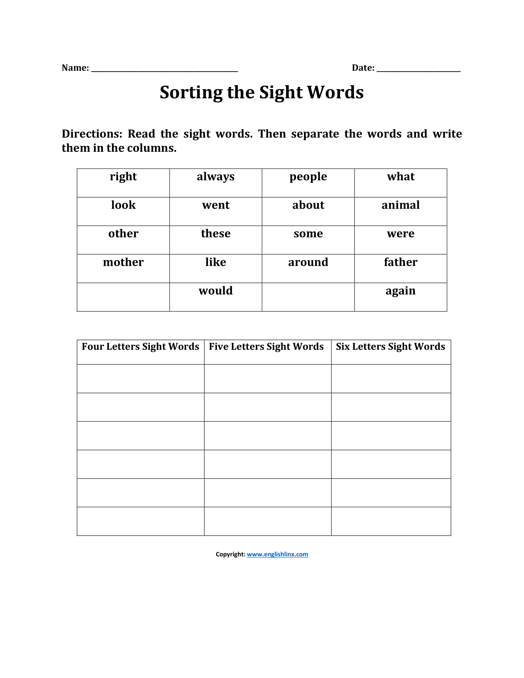 First Grade Sight Words Worksheets | Sorting the Sight Words Worksheet