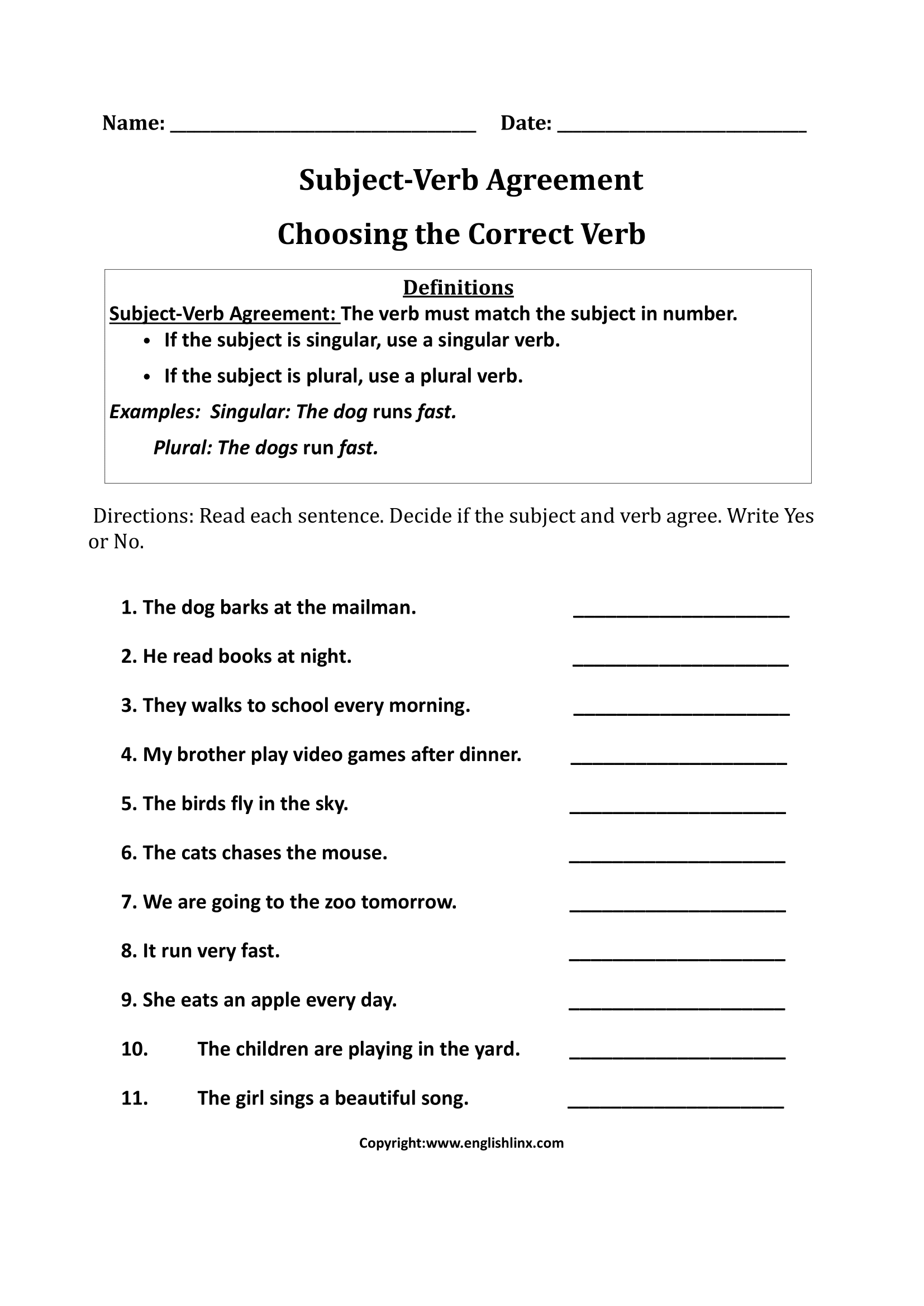 4th Grade Writing Worksheets | Subject-Verb Agreement