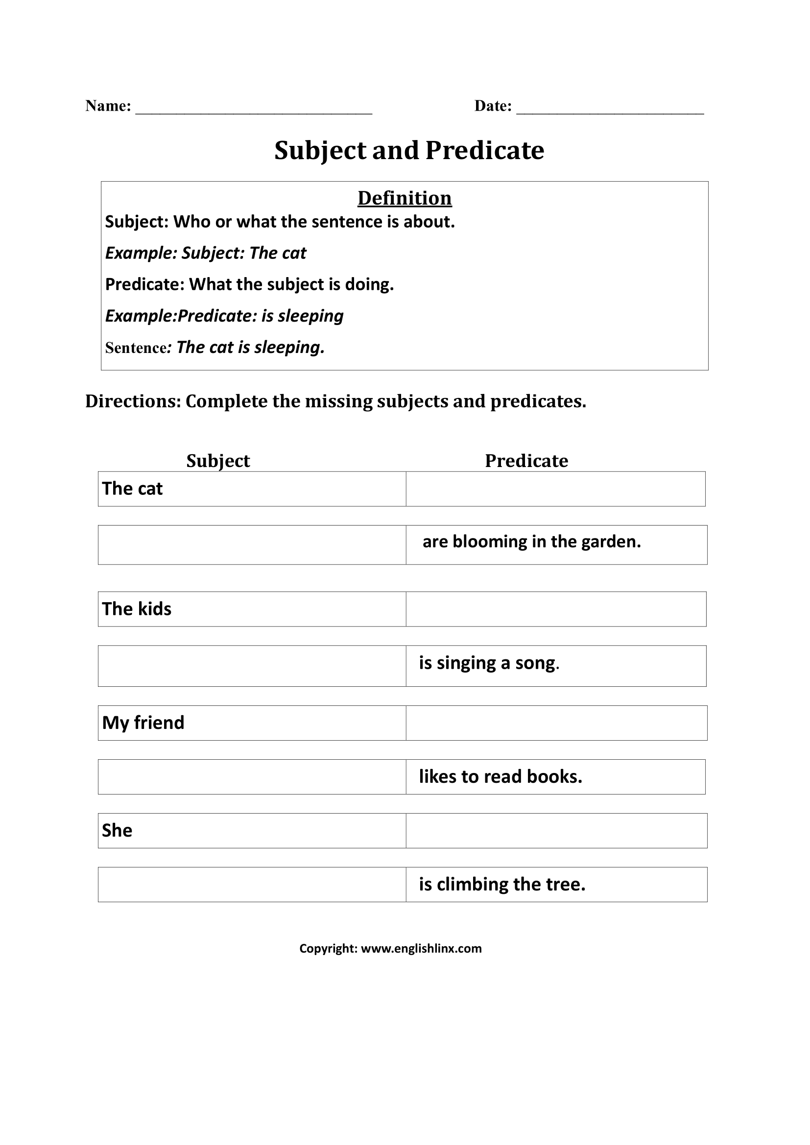 Subject and Predicate | Sentence Building Worksheet