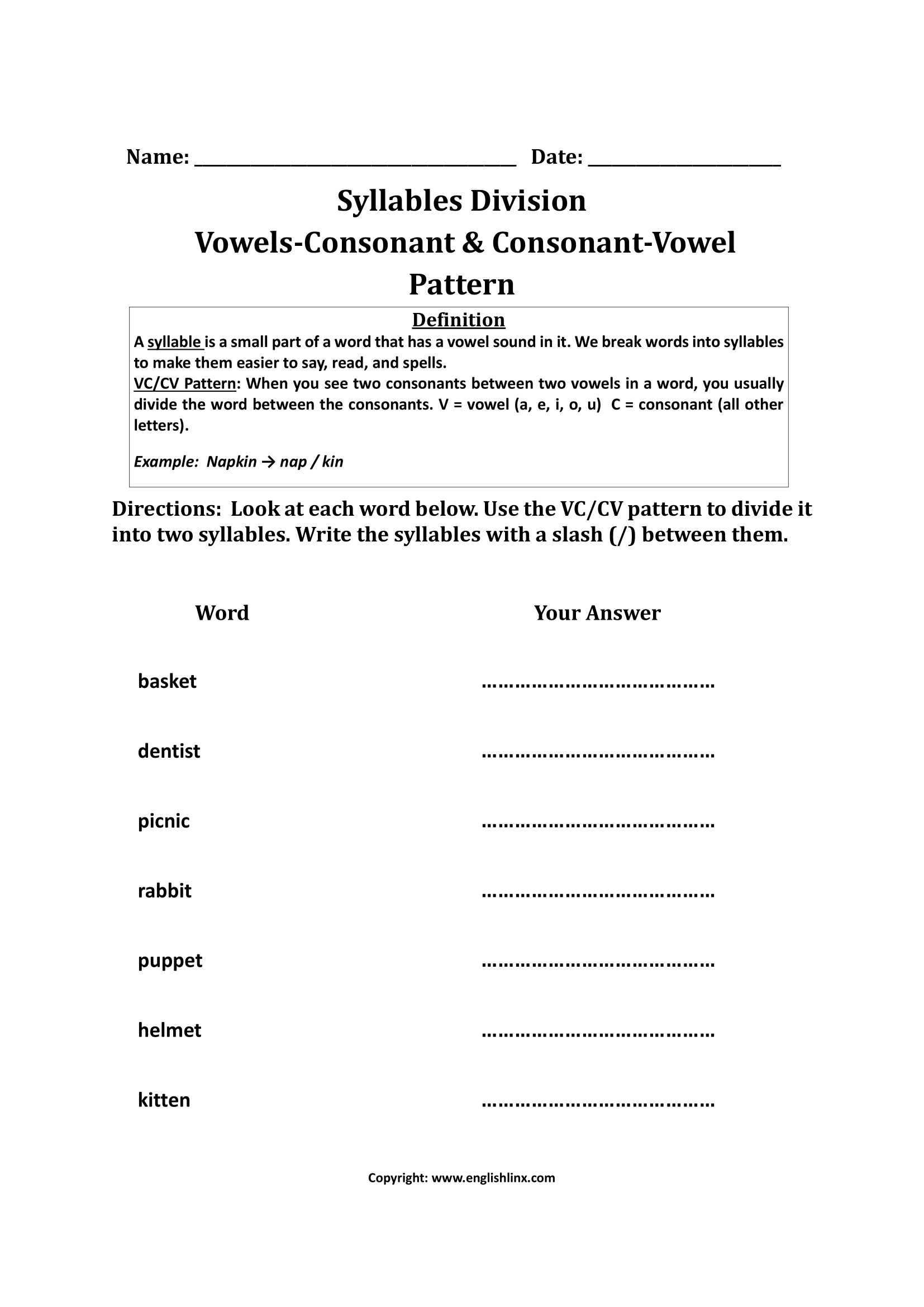 Syllables Worksheets | Syllables Division Vowel-Consonant & Consonant ...