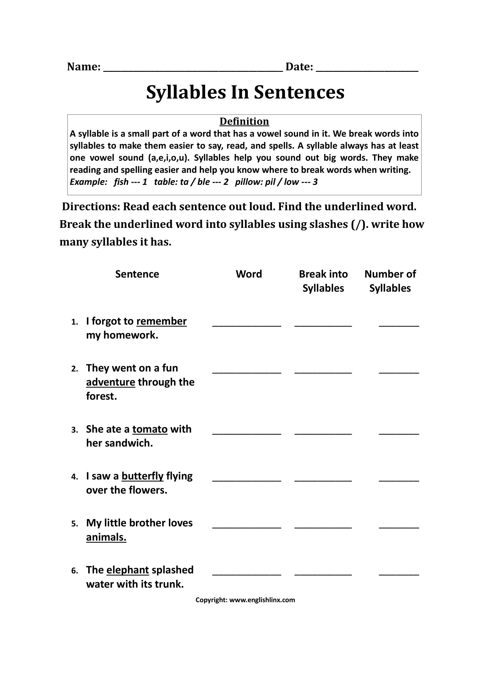 Englishlinx.com | Syllables Worksheets