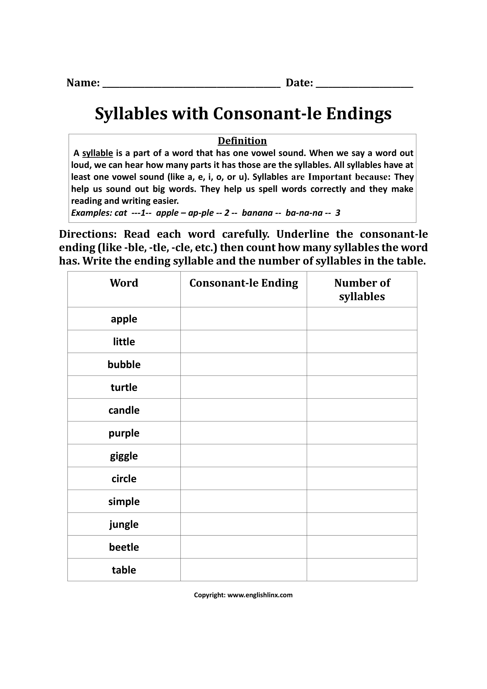 Englishlinx.com | Syllables Worksheets