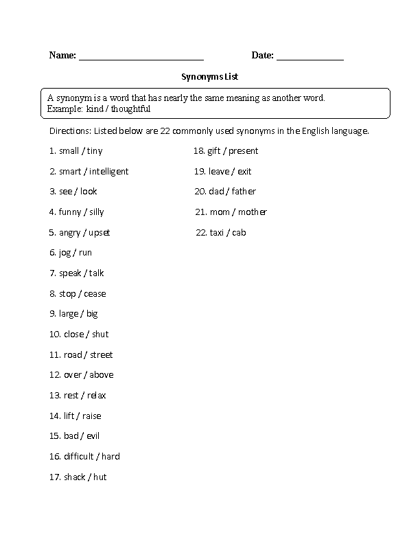 Englishlinx Synonyms Worksheets