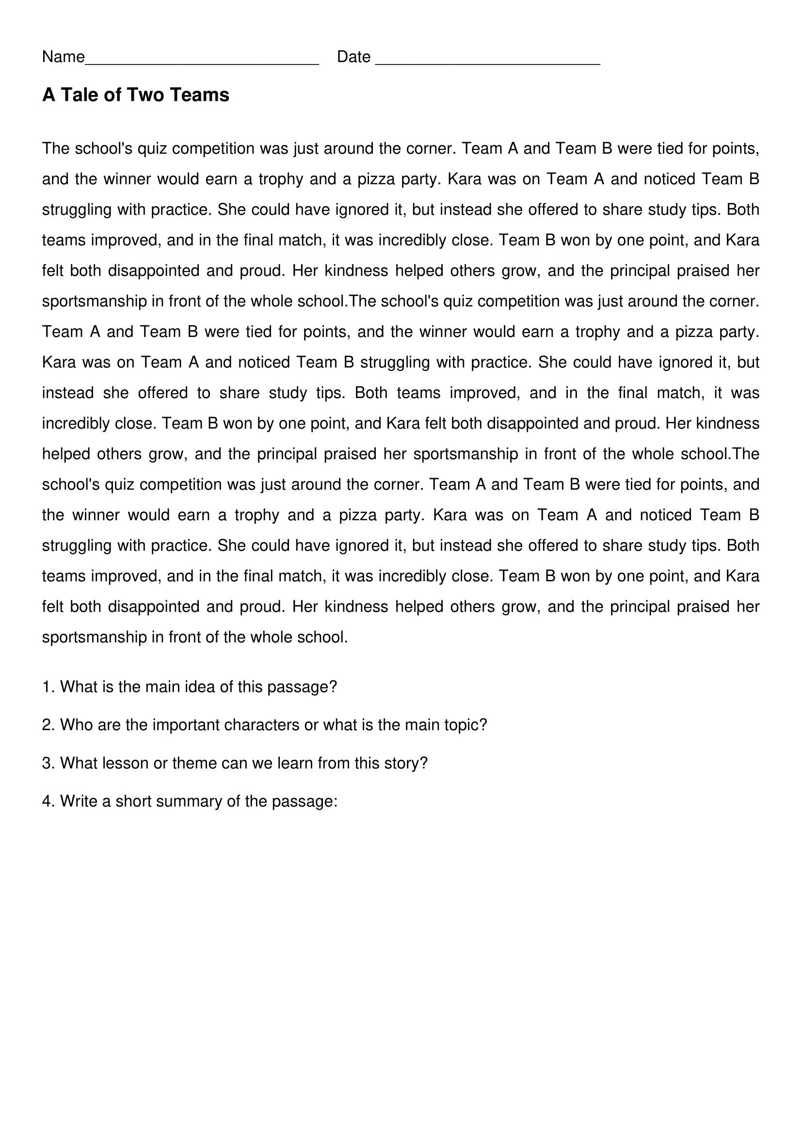 Tale of Two Teams 5th Grade Reading Comprehension Worksheets