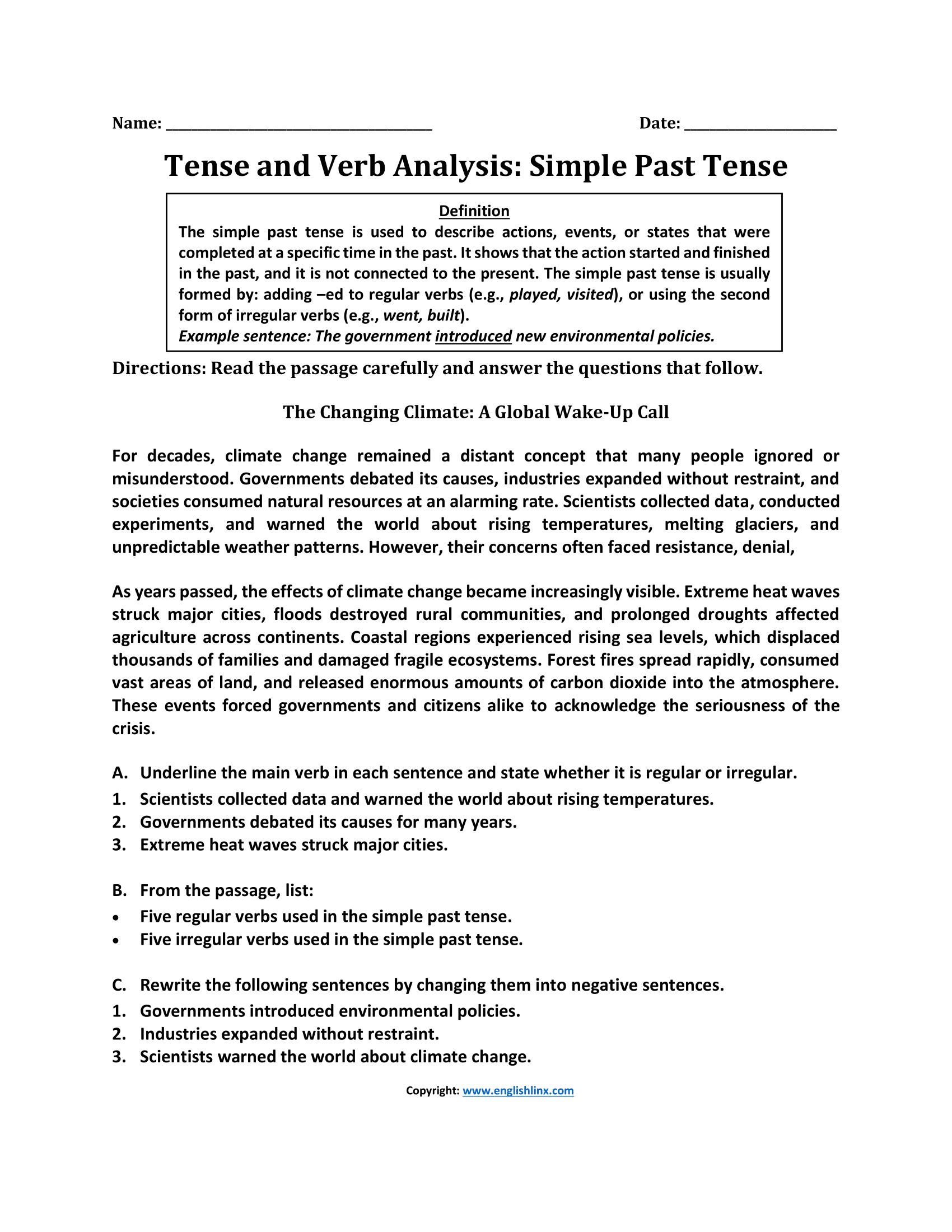 Simple Past Tense Worksheets (Free Printable PDFs) | Grades K–12