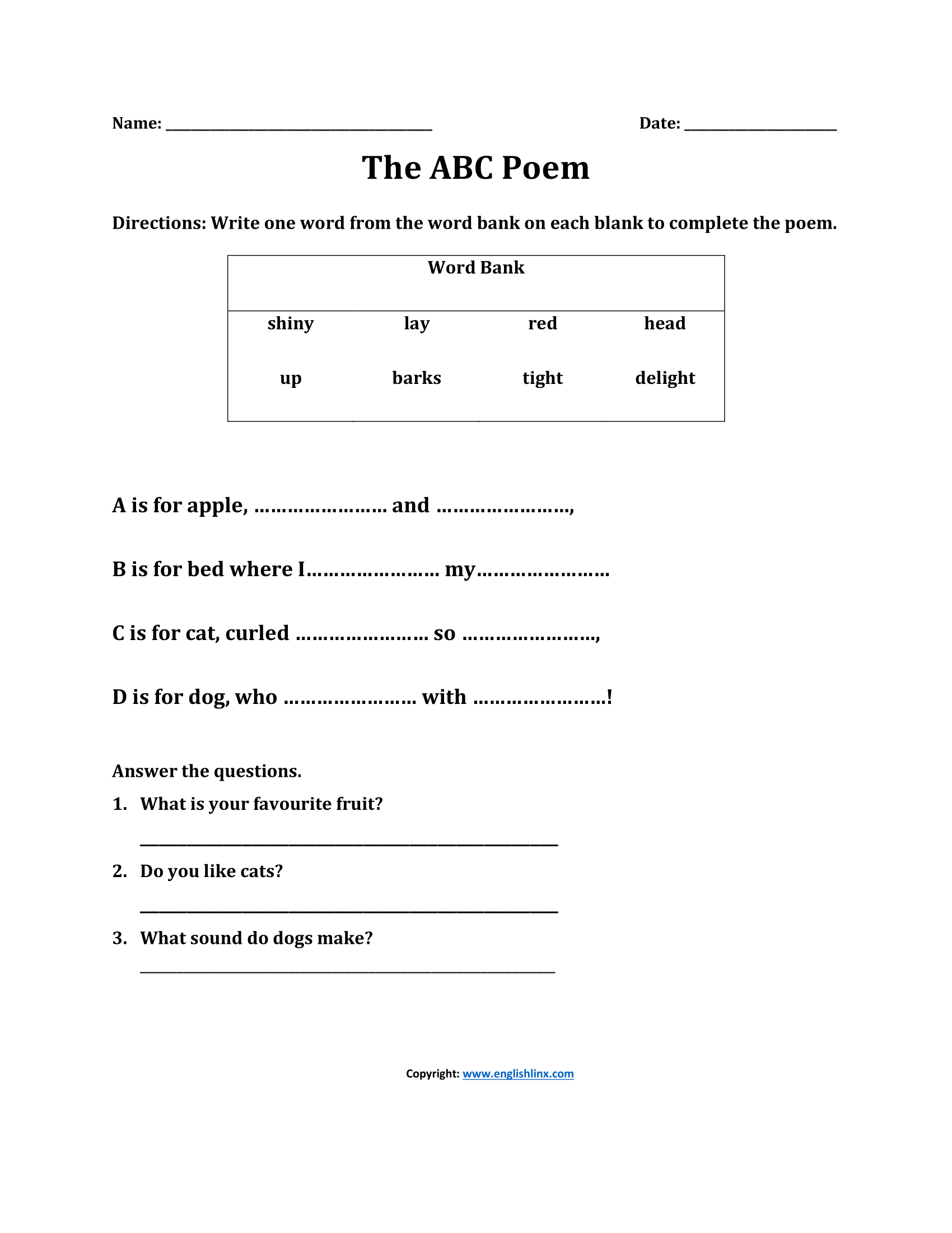Kindergarten Writing Worksheets | The ABC Poem Worksheet