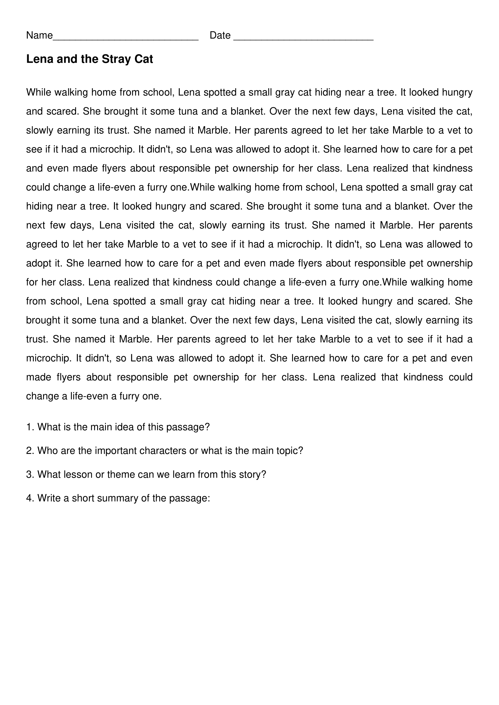 The Stray Cat 5th Grade Reading Comprehension Worksheets