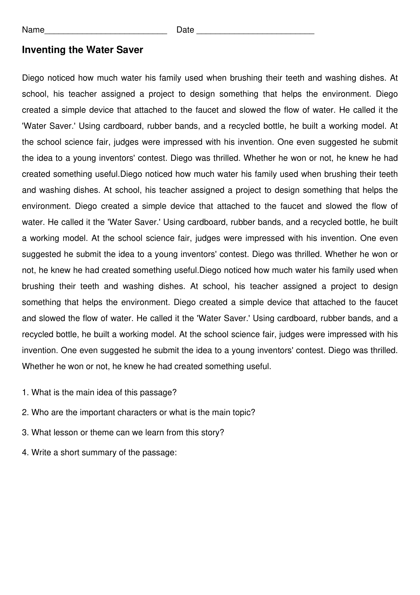 The Water Saver 5th Grade Reading Comprehension Worksheets