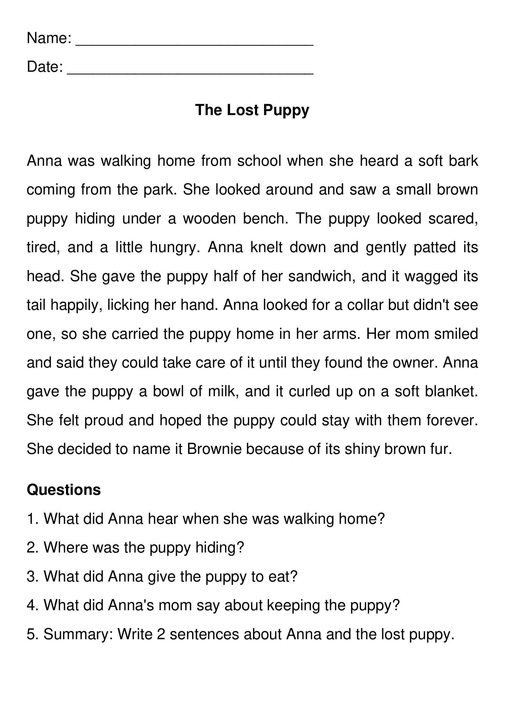 First Grade Reading Comprehension Worksheets | Passages & Questions