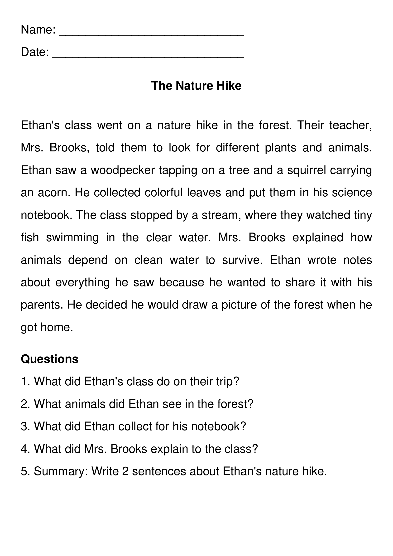 The Nature Hike 3rd Grade Reading Comprehension Worksheets