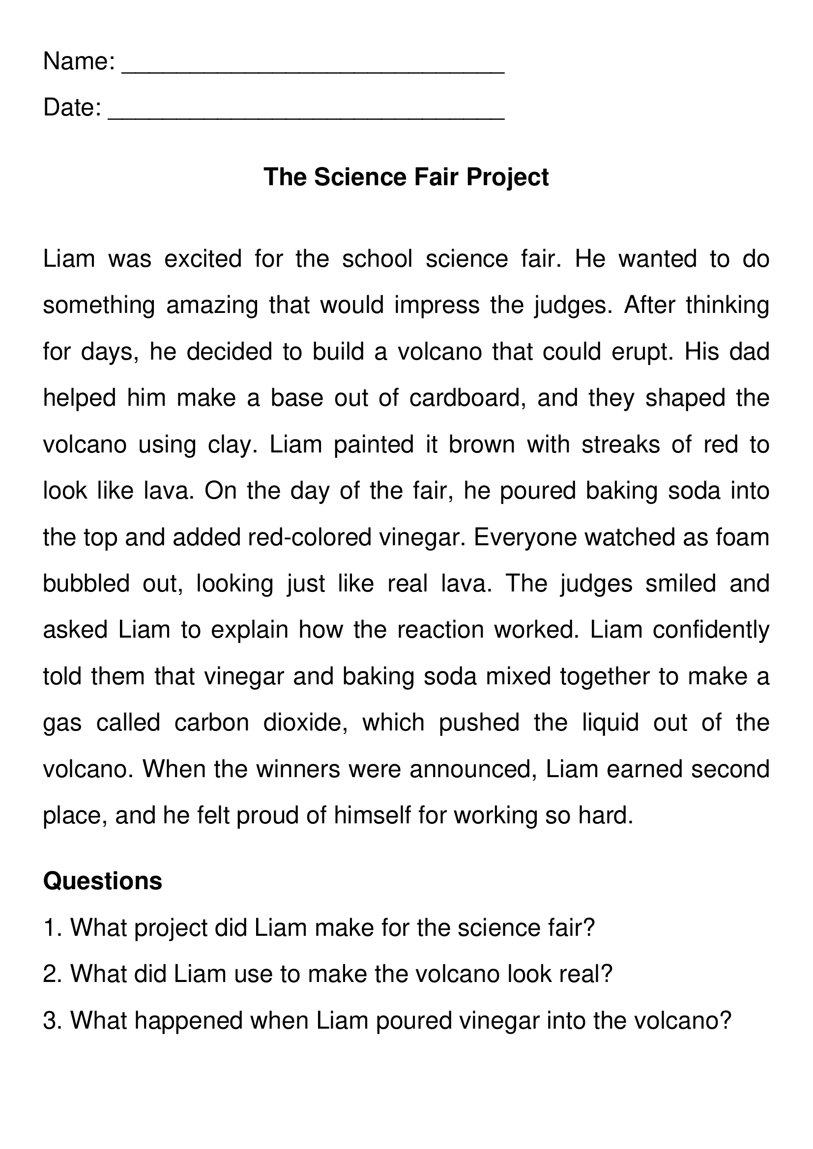 Science Fair Project 3rd Grade Reading Comprehension Worksheets