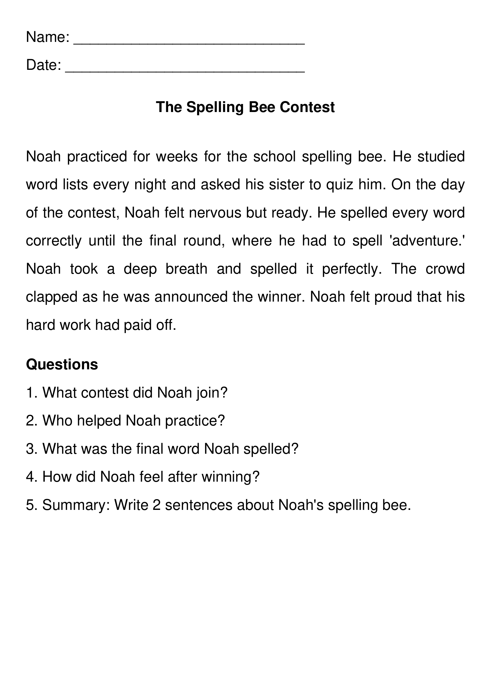 Spelling Bee Contest 3rd Grade Reading Comprehension Worksheets