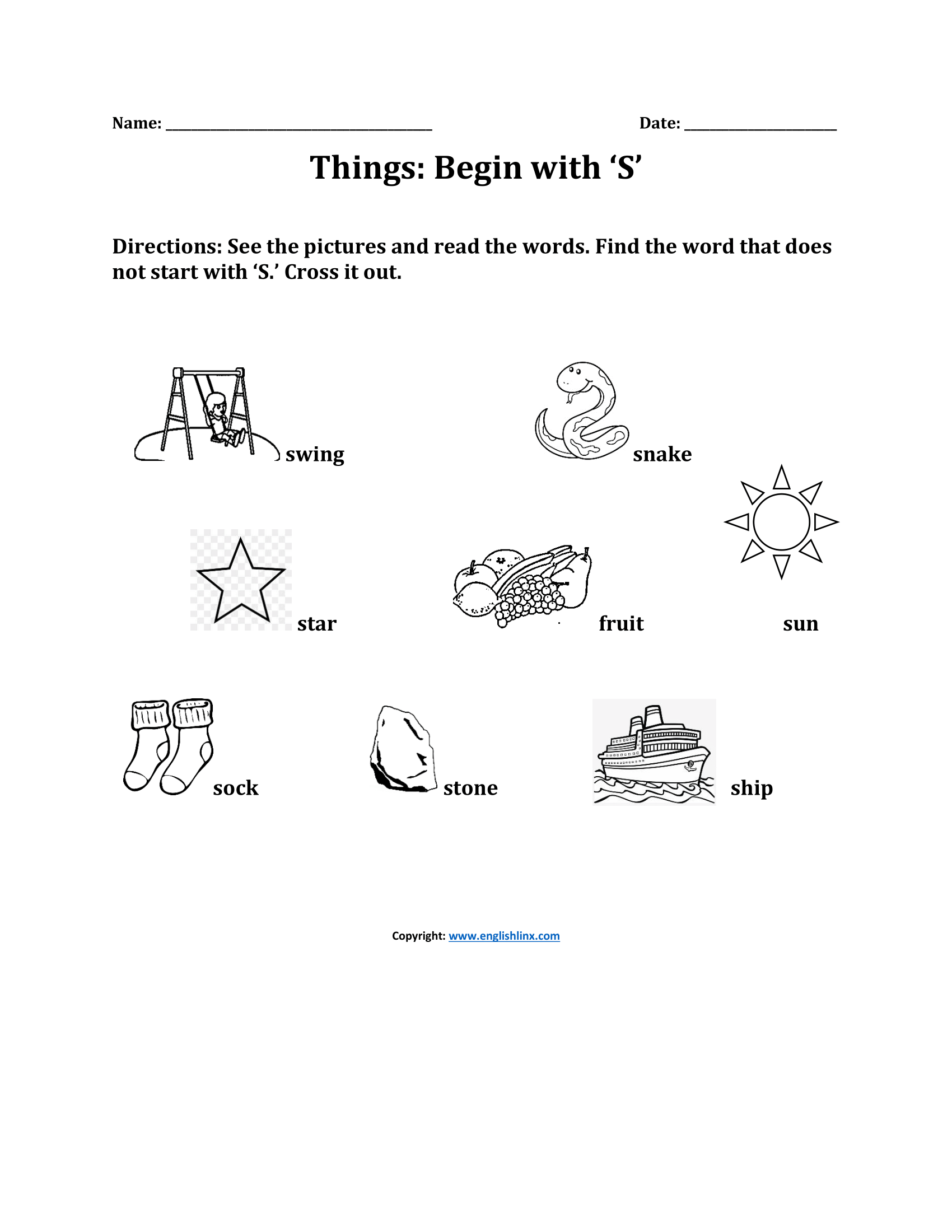Things Begin with S Worksheet