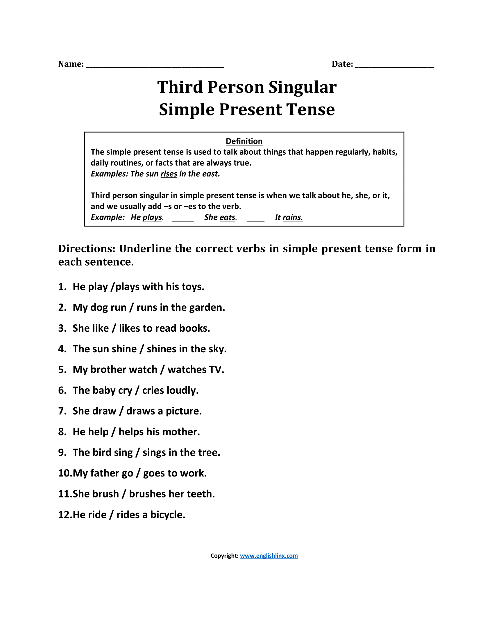 Simple Present Tense Worksheets (Free Printable PDFs) | Grades K–12