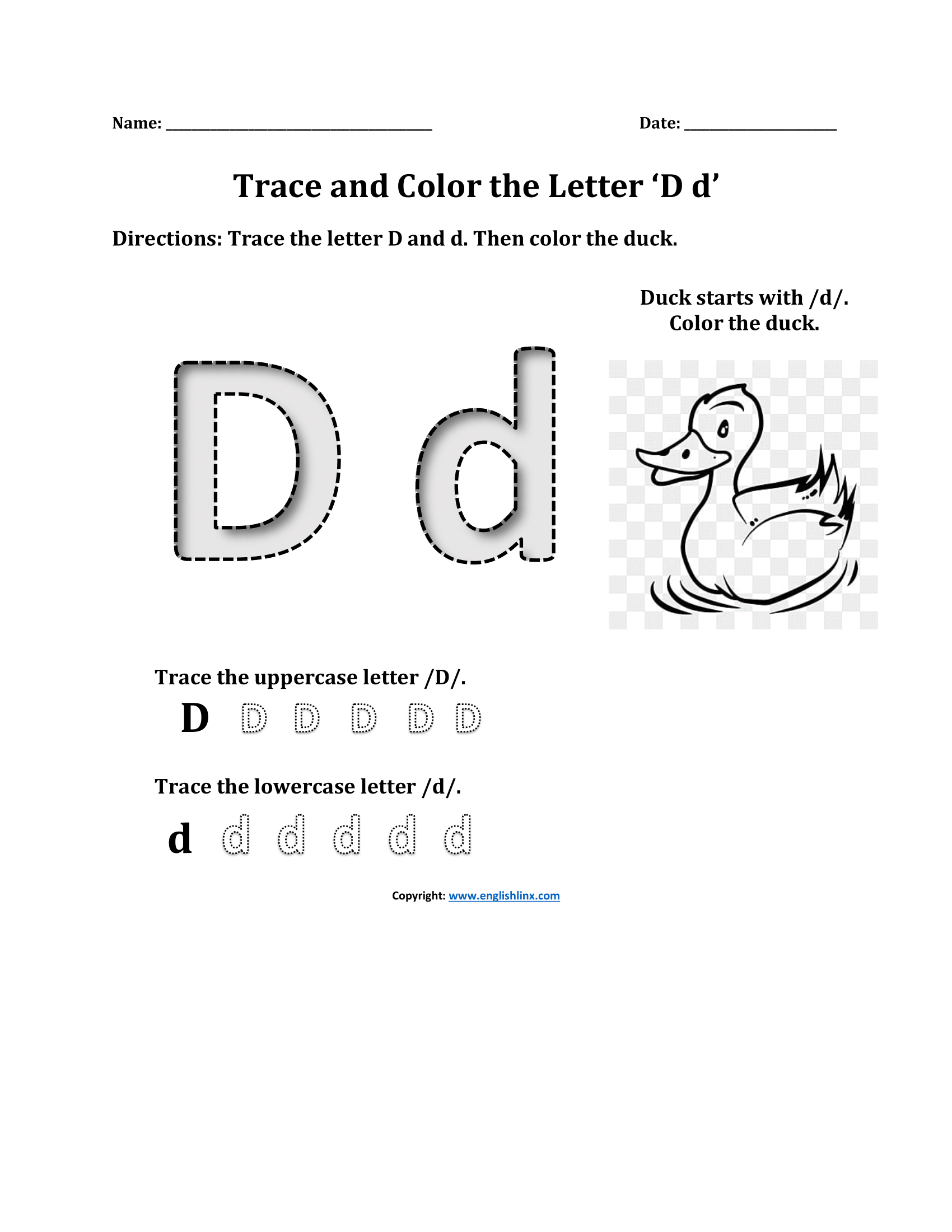 Trace and Color the Letter Dd Worksheet