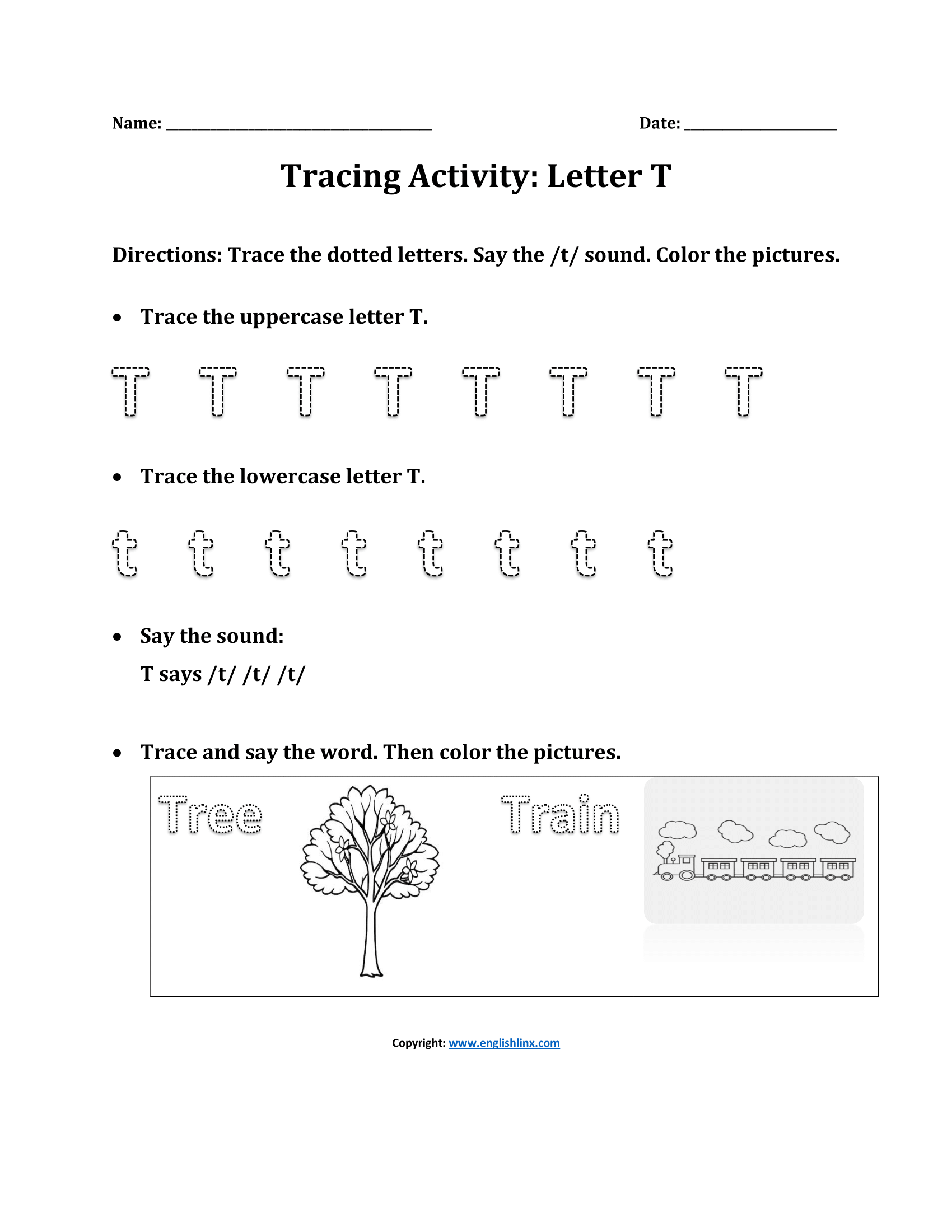 Phonics Worksheets for Preschool | Tracing Activity Letter T Worksheet