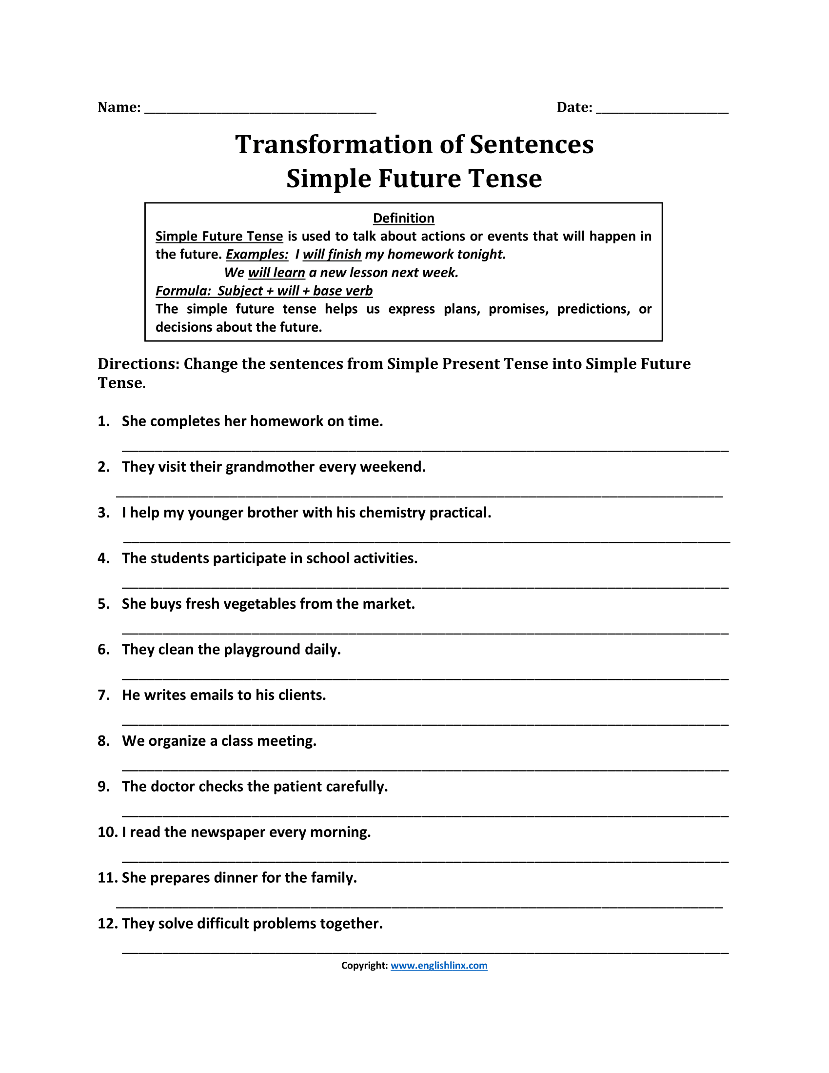 Transformation Simple Future Tense Worksheets