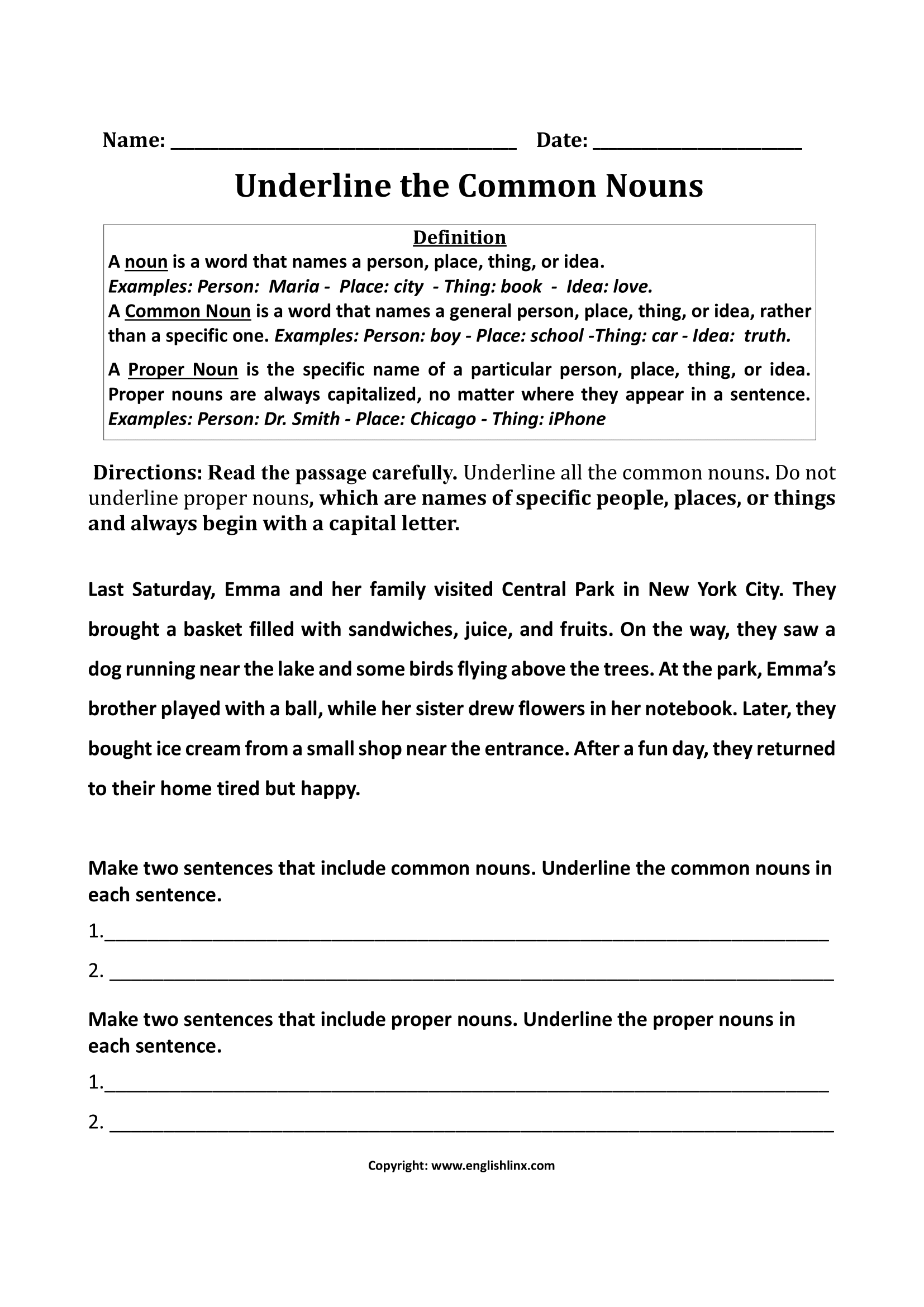 Nouns Worksheets | Proper and Common Nouns Worksheets