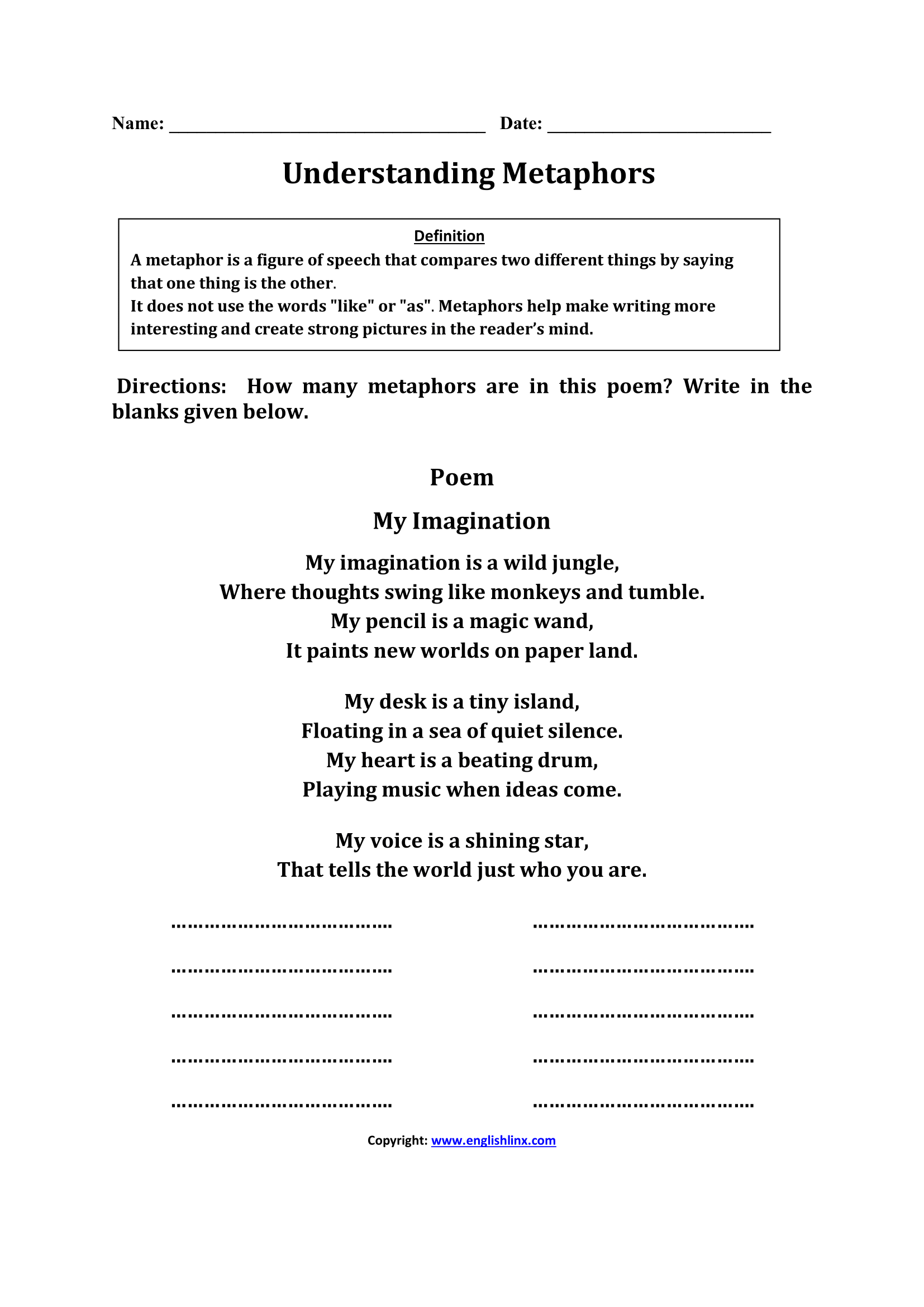 4th Grade Writing Worksheets | Understanding Metaphors Worksheet