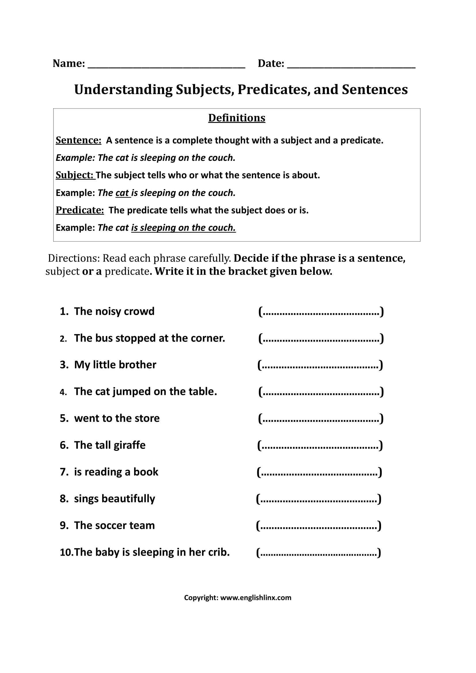 4th Grade Writing Worksheets | Subjects, Predicates, and Sentences