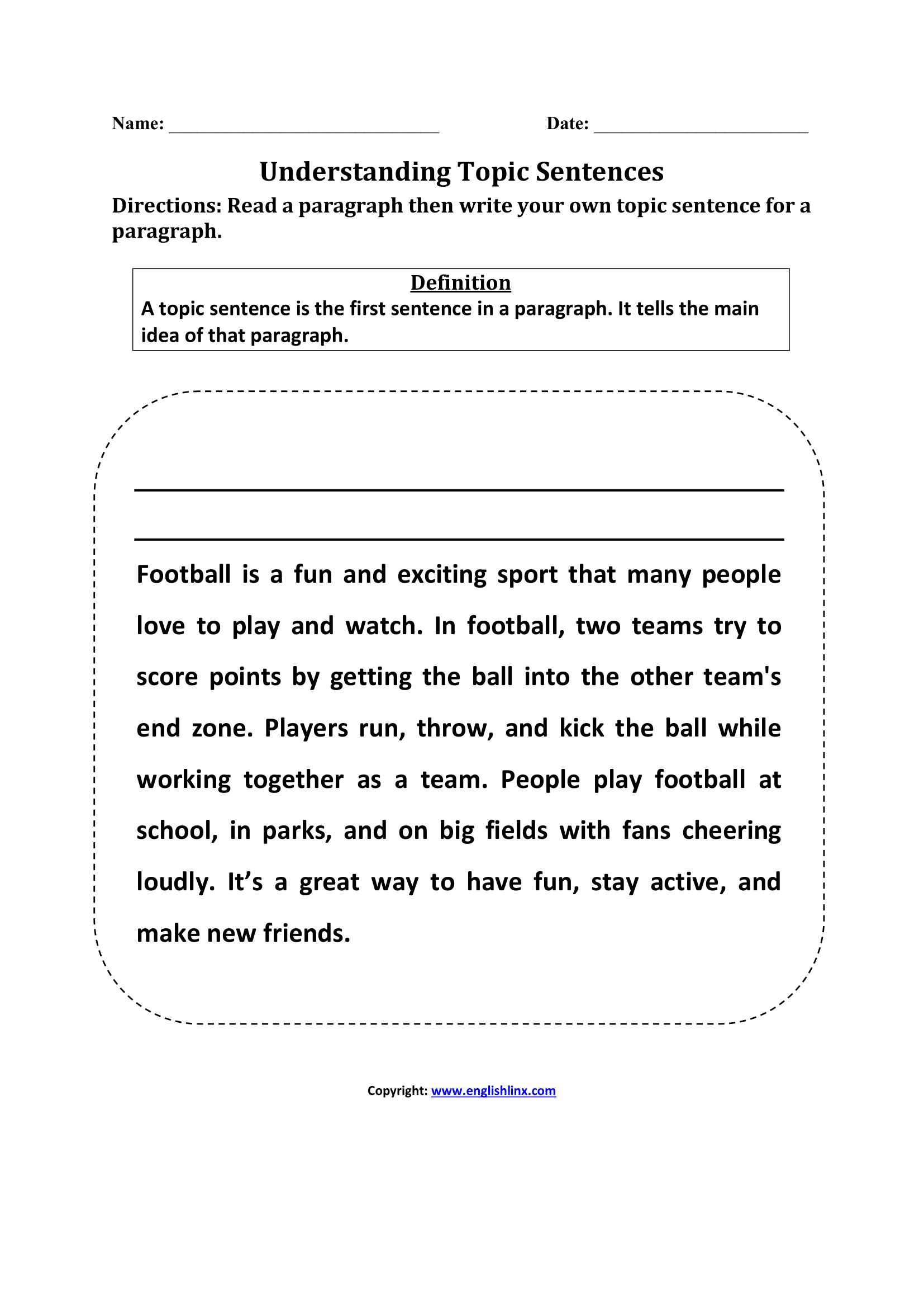 Topic Sentences Worksheet Title Or Topic Sentence? Worksheet For 4th