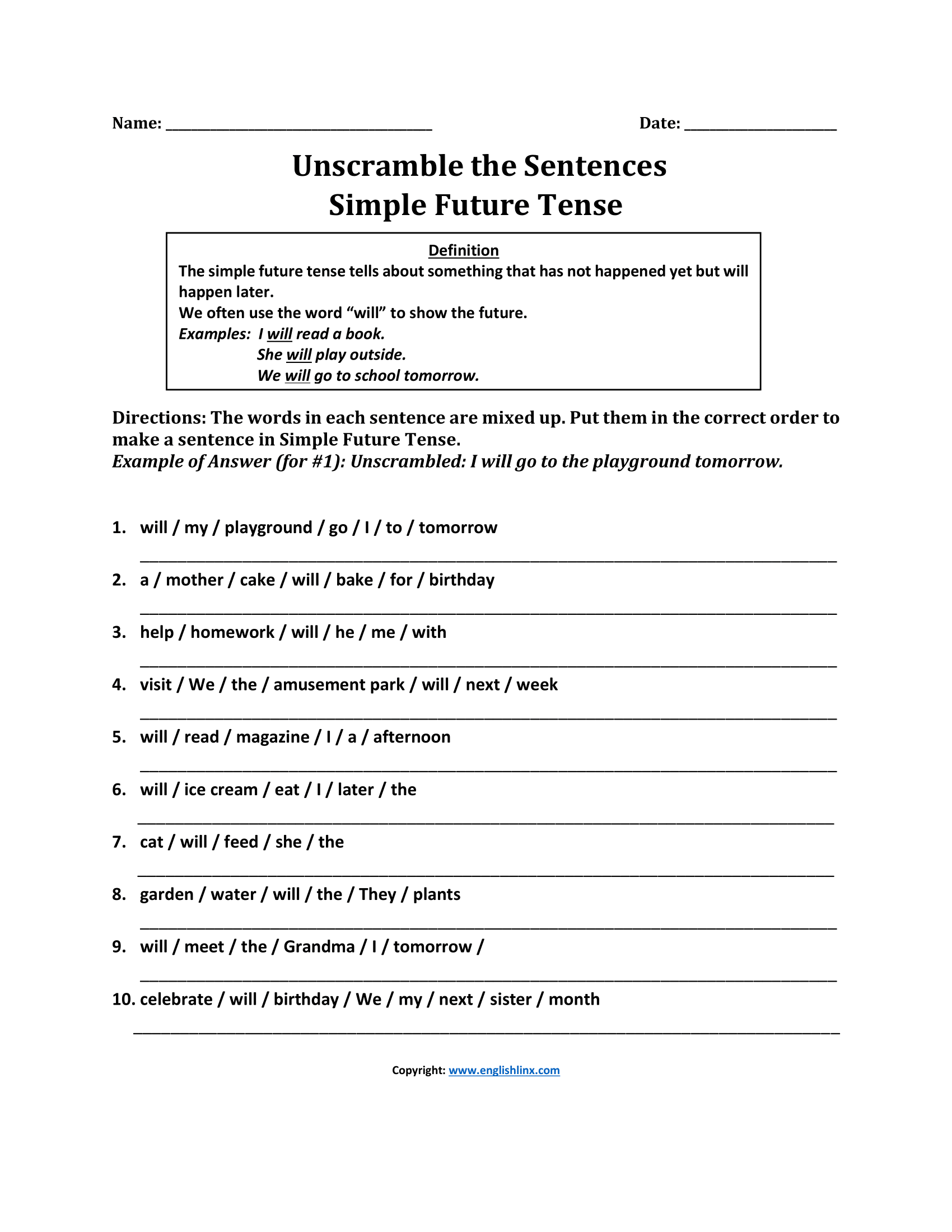 Unscramble Sentences Simple Future Tense Worksheets