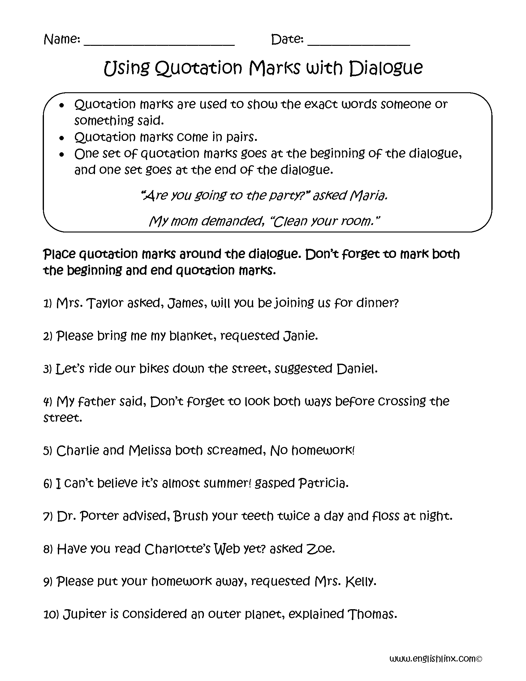 Worksheets On Quotation Marks