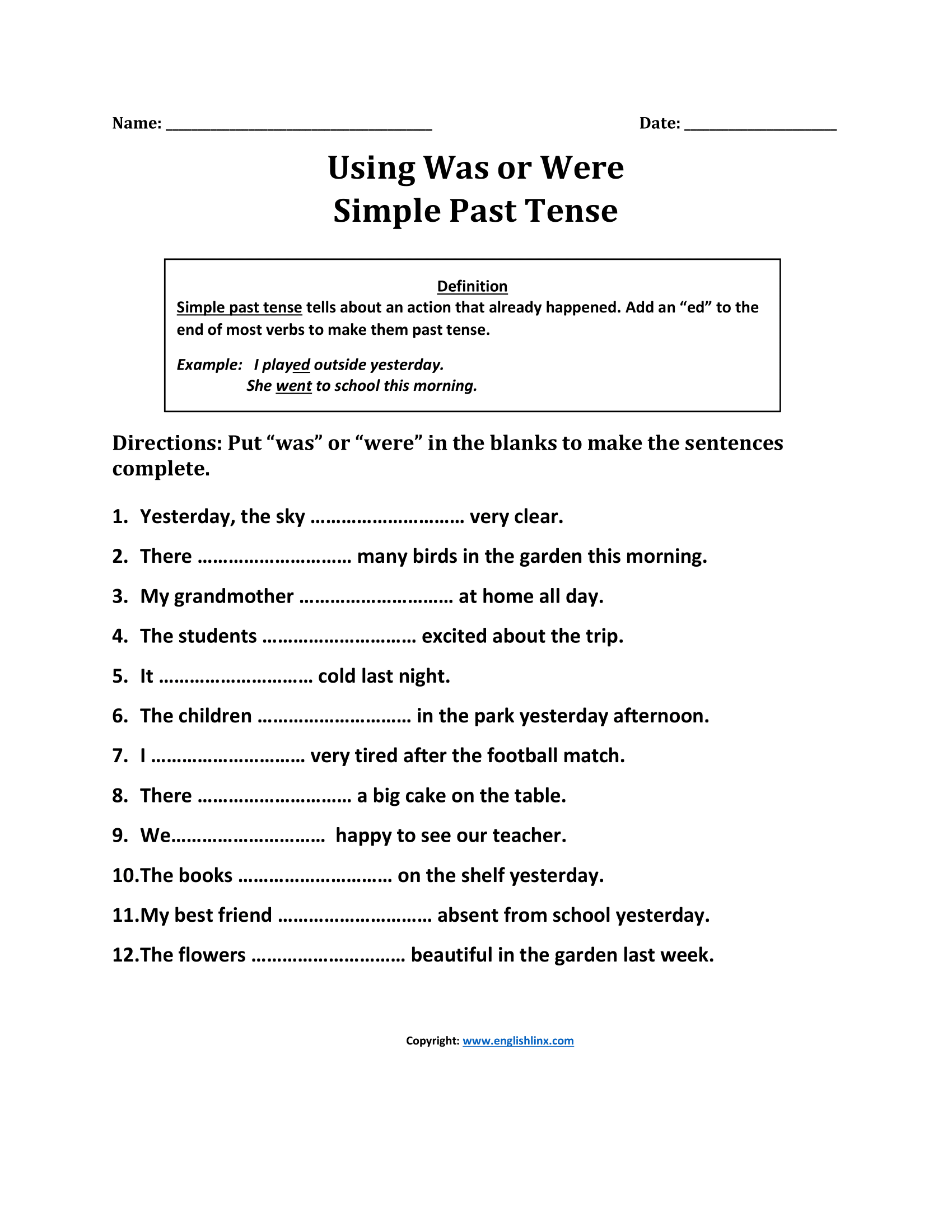 Past Tense Worksheets | Using Was or Were – Simple Past Tense