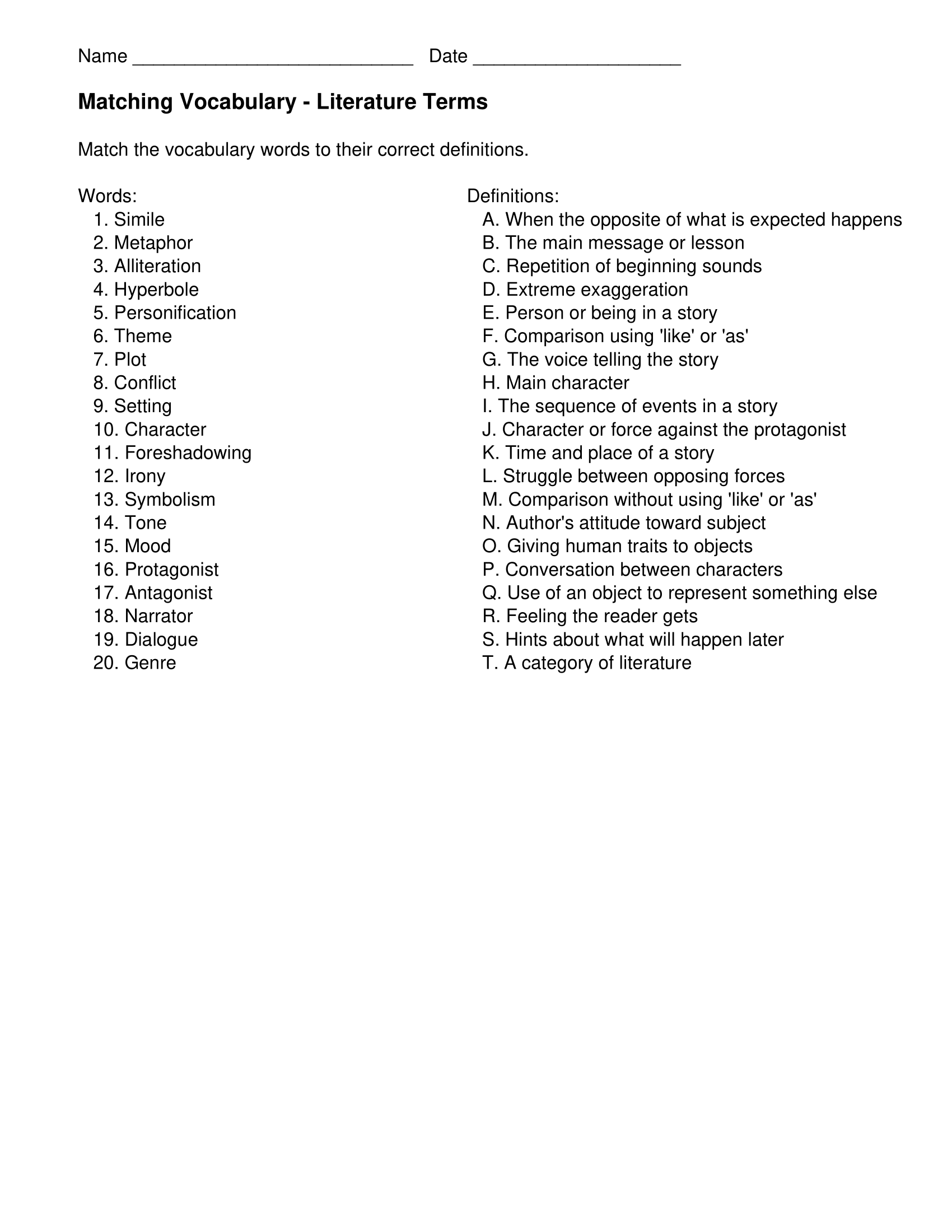5th Vocabulary Worksheets