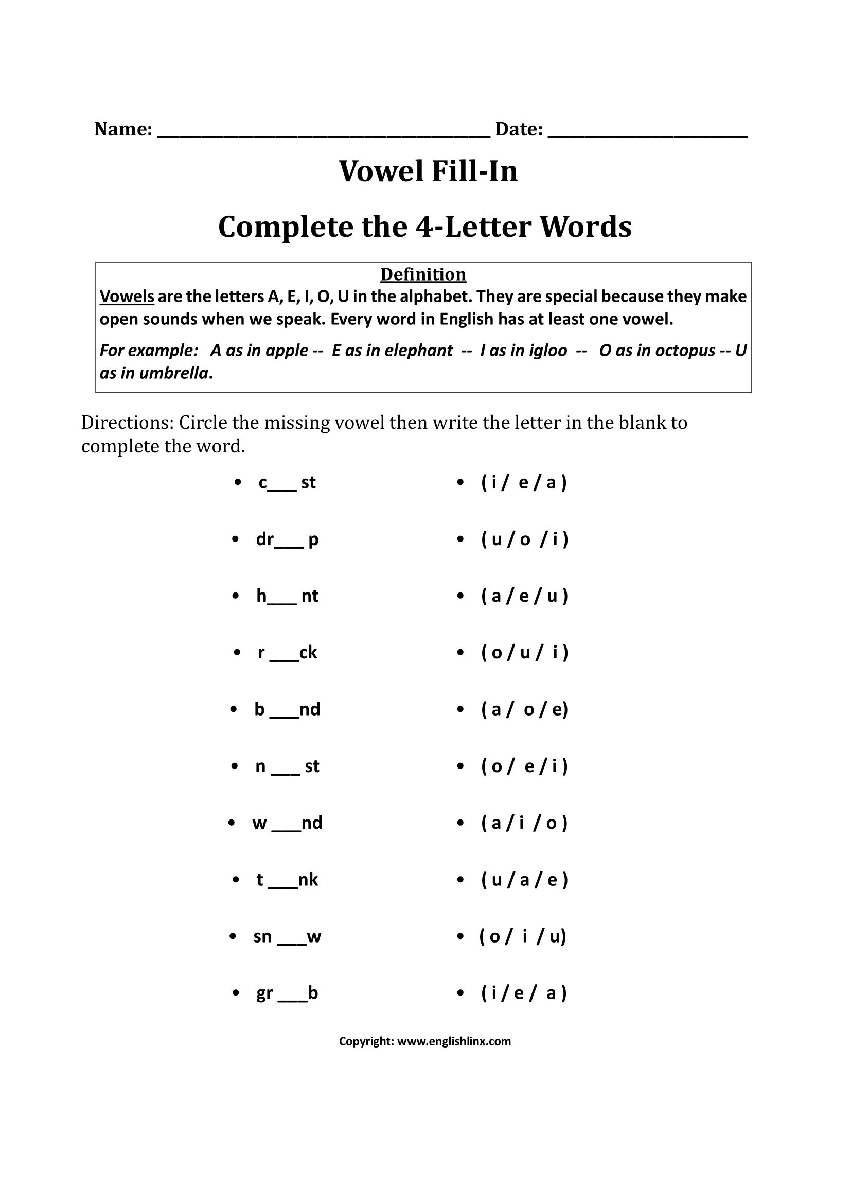 Vowels Worksheets | Printable Long and Short Vowel Phonics Practice