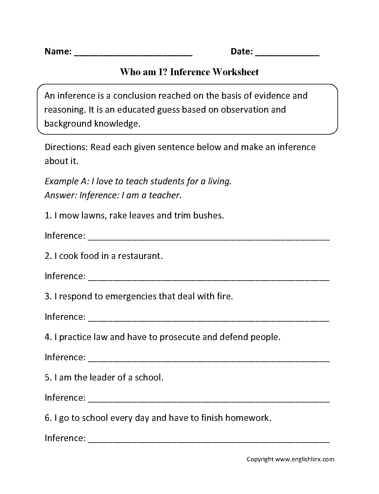 Inference Worksheets Who Am I Inference Worksheets