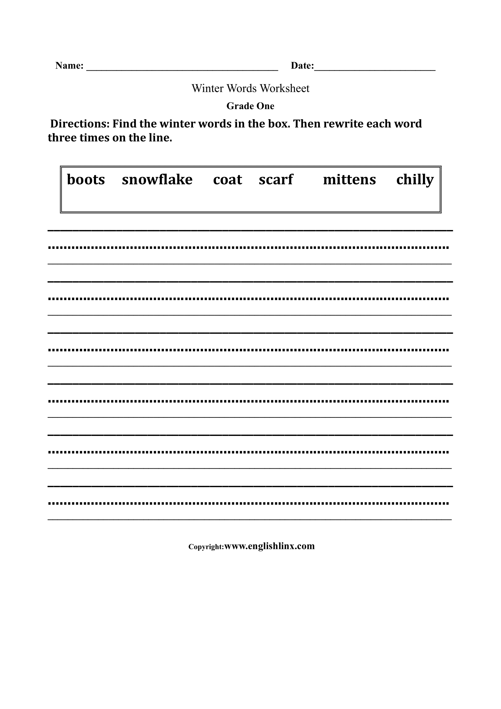 1st Grade Writing Worksheets | Winter Words Worksheet