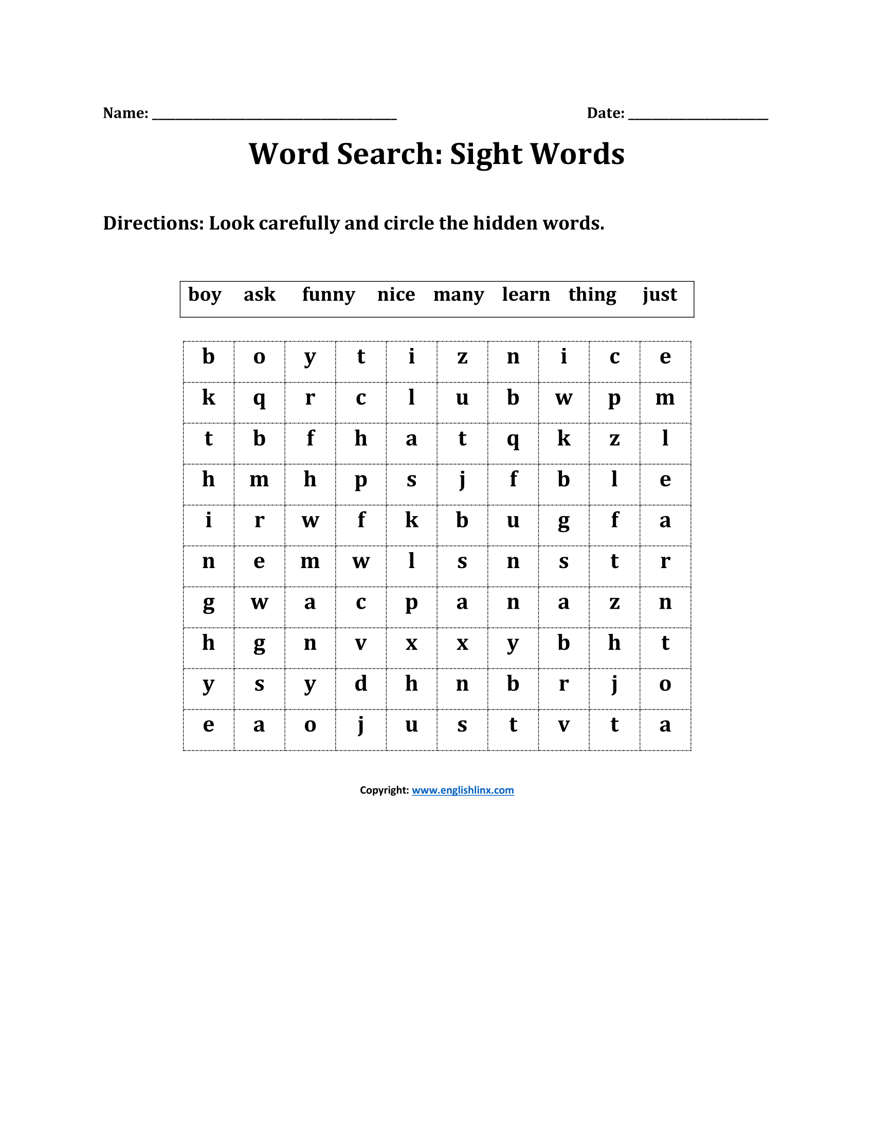 First Grade Sight Words Worksheets | Word Search Sight Words Worksheet