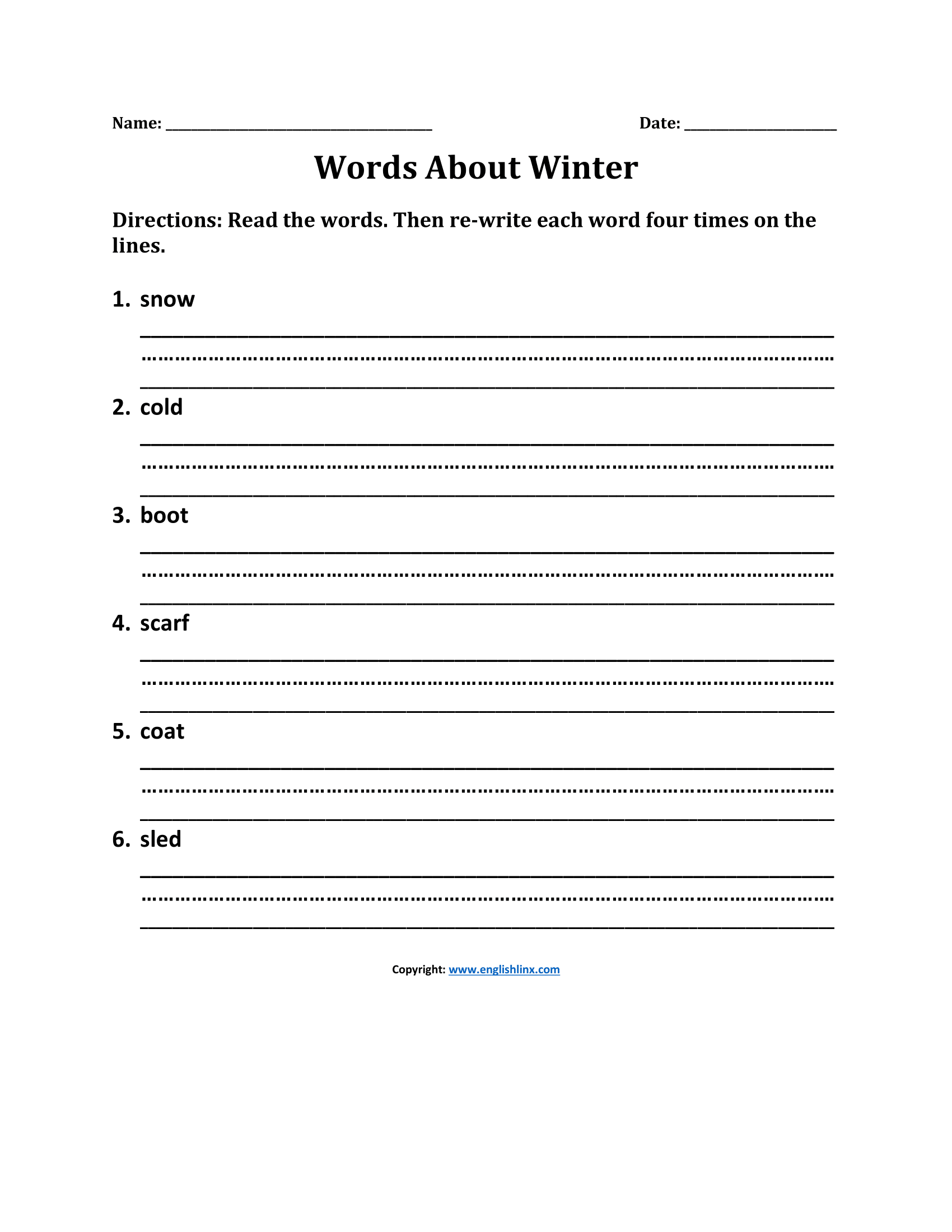 Phonics Worksheets for Preschool | Words About Winter Worksheet