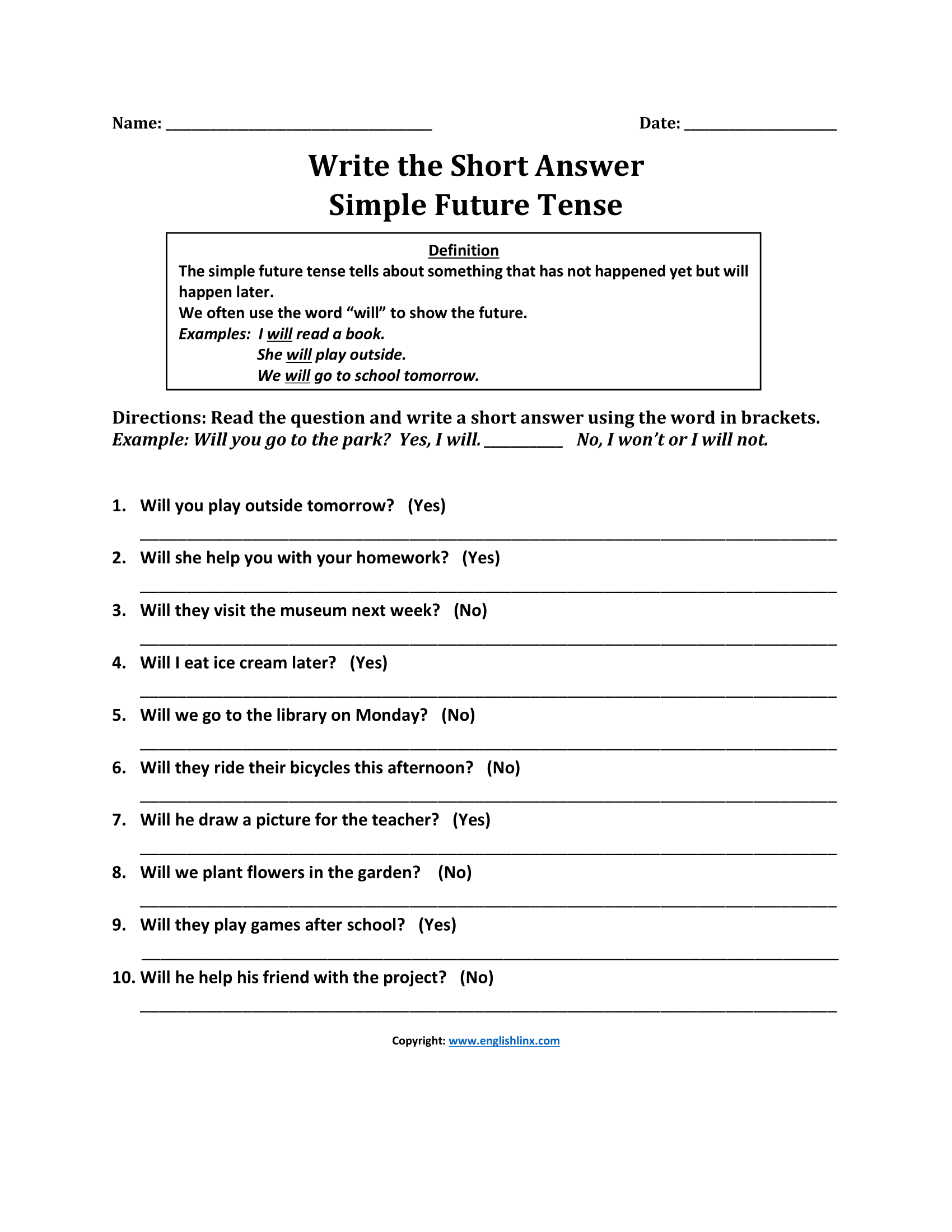 Write Short Answer Simple Future Tense Worksheets