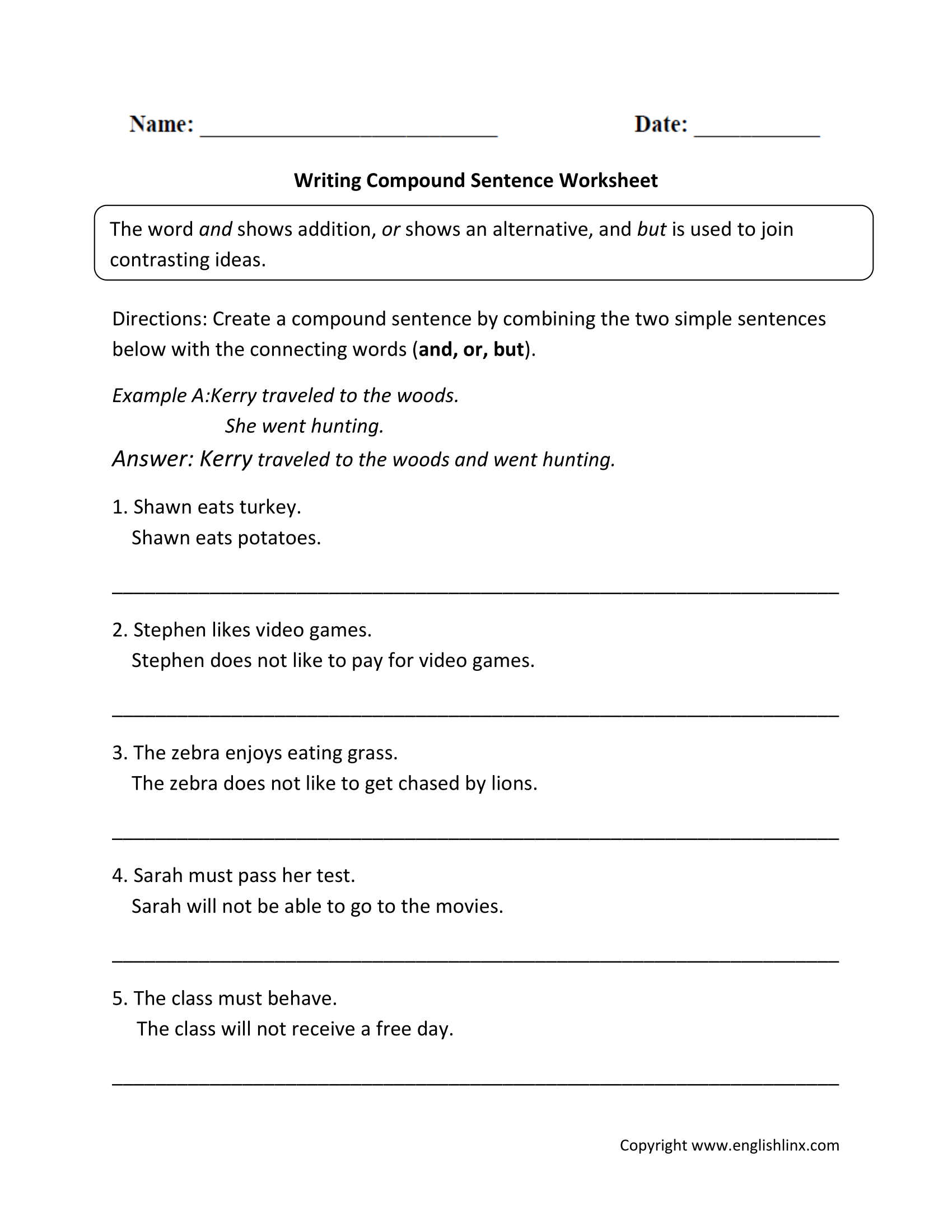 Types of Sentences Worksheet | Writing Compound Sentences