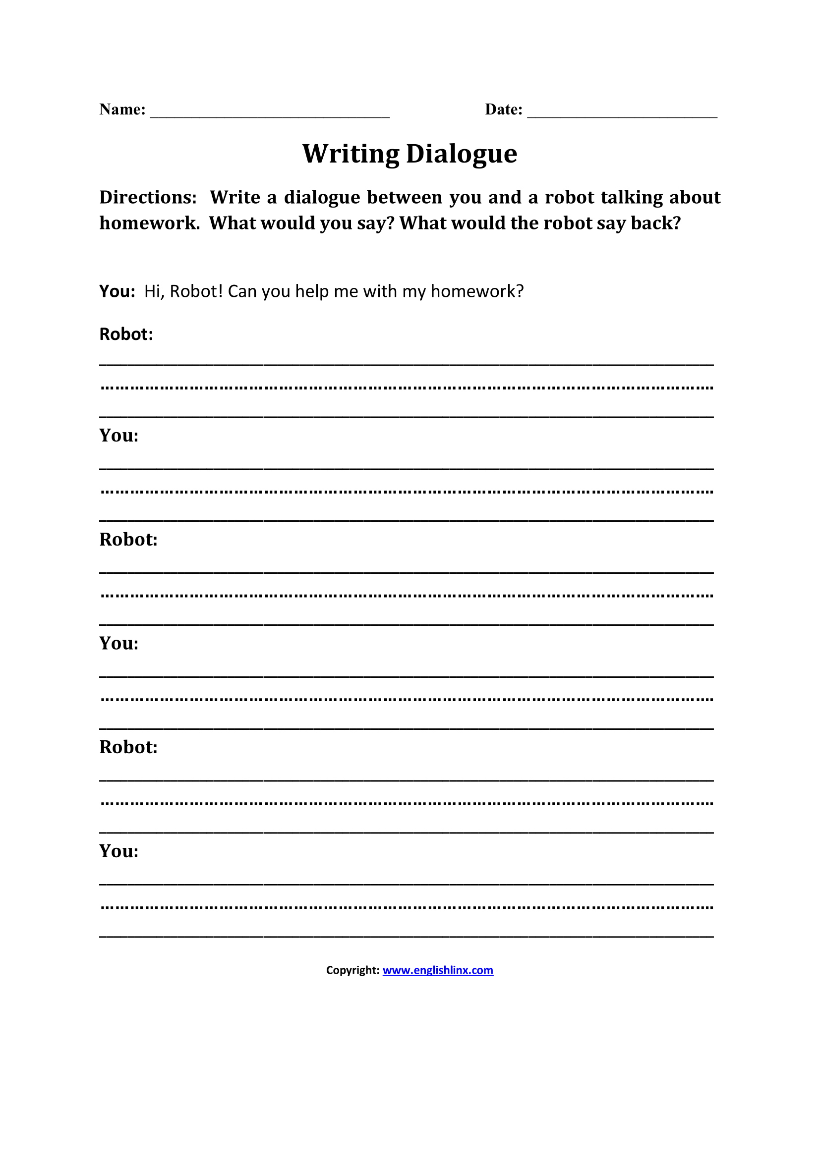 Writing Dialogue Worksheet | Robot Conversation Activity
