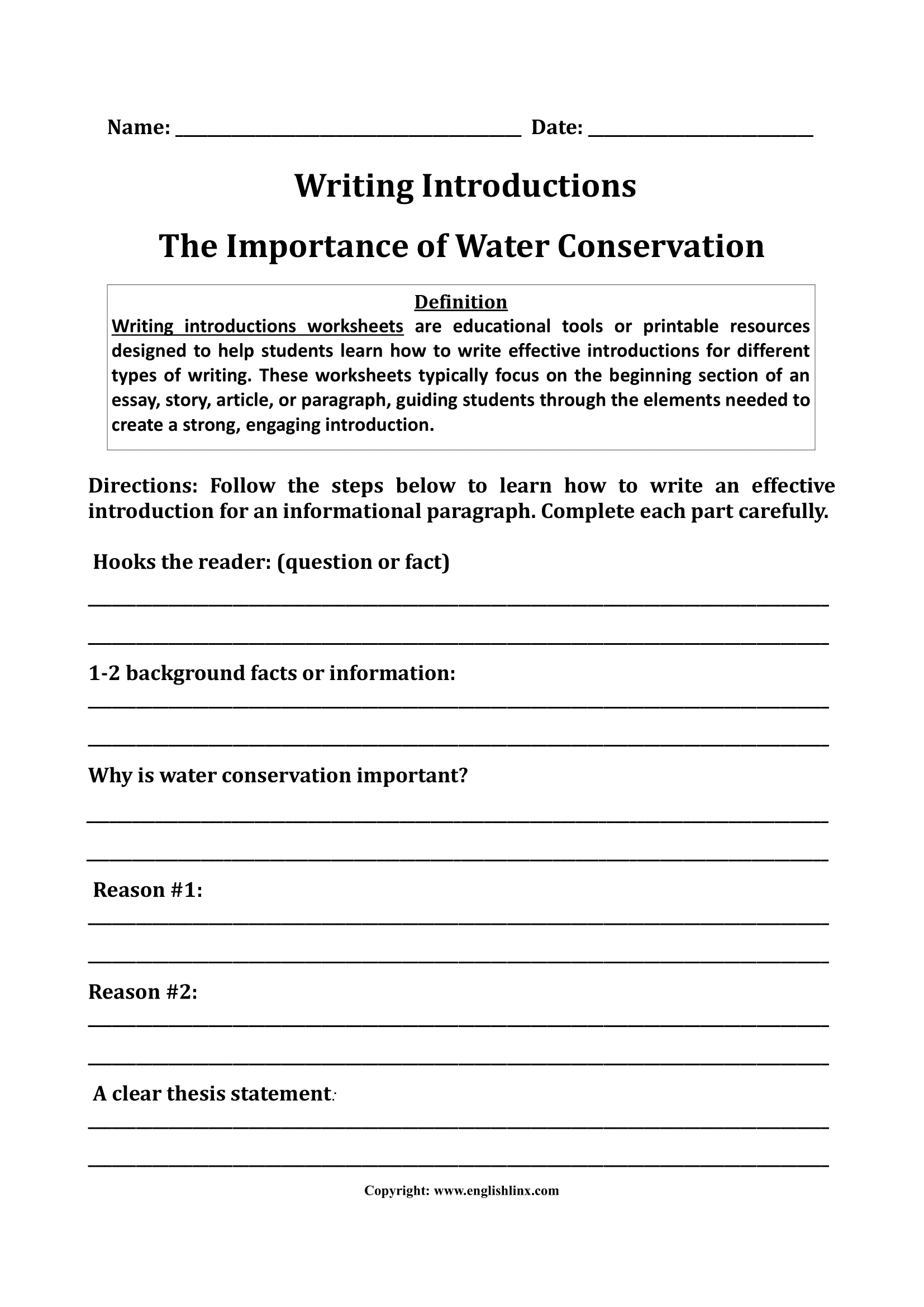 Writing Introductions Worksheets | Importance of Water Conservation