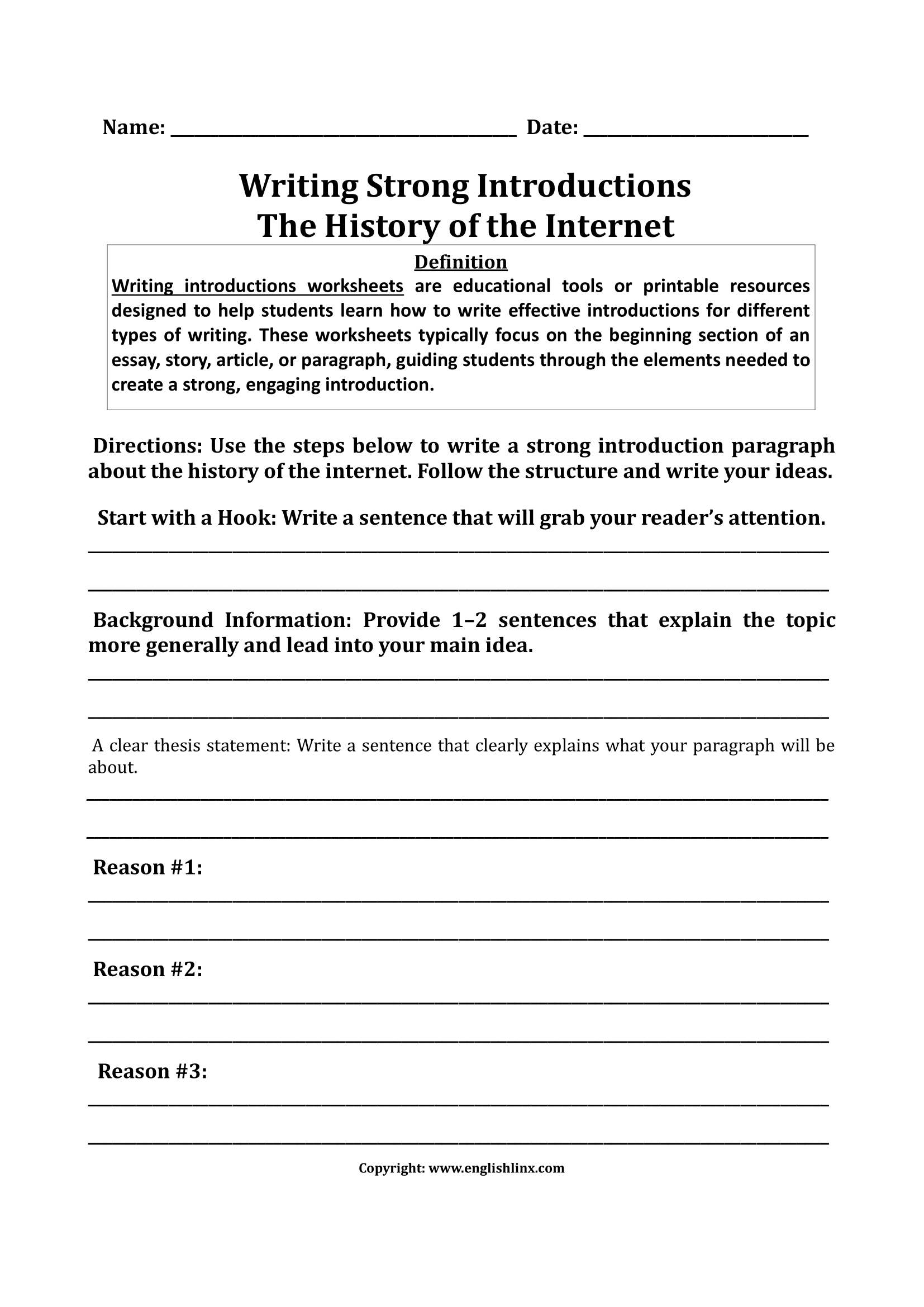 Writing Introductions Worksheets | The History of the Internet