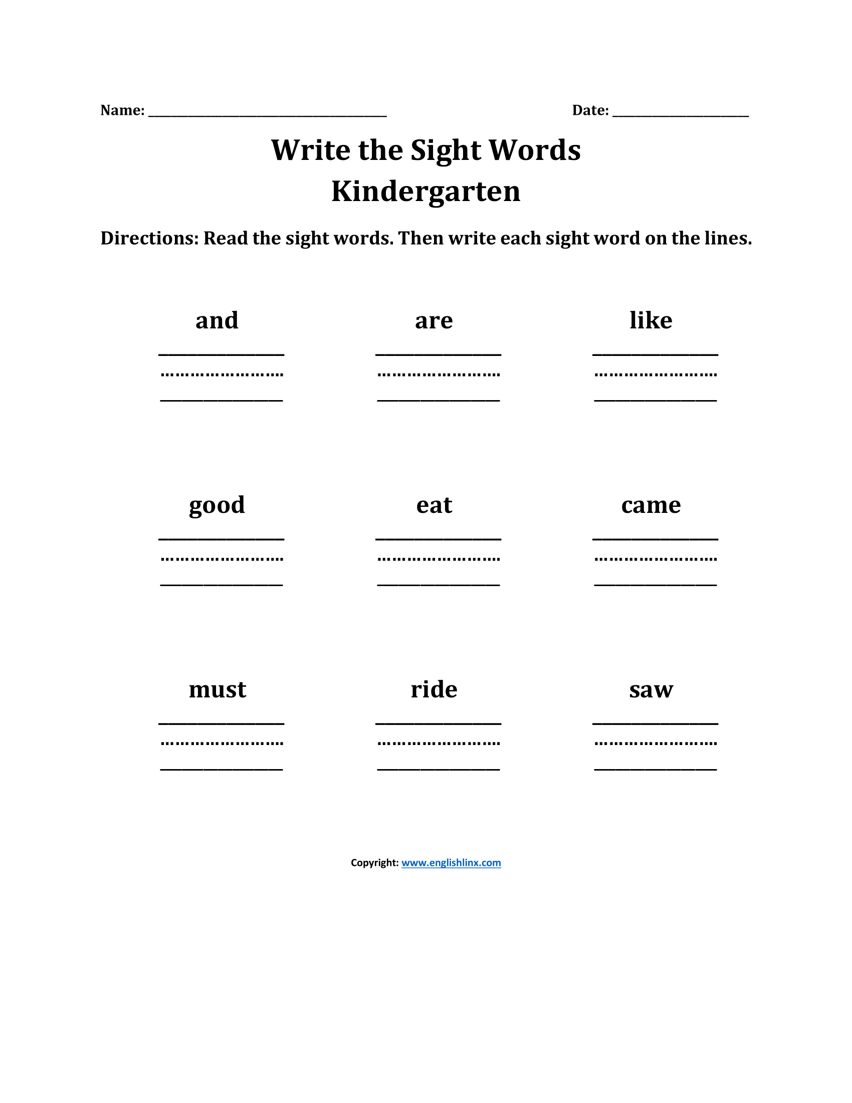 Kindergarten Sight Words Worksheets | Free Printable Sight Word Practice