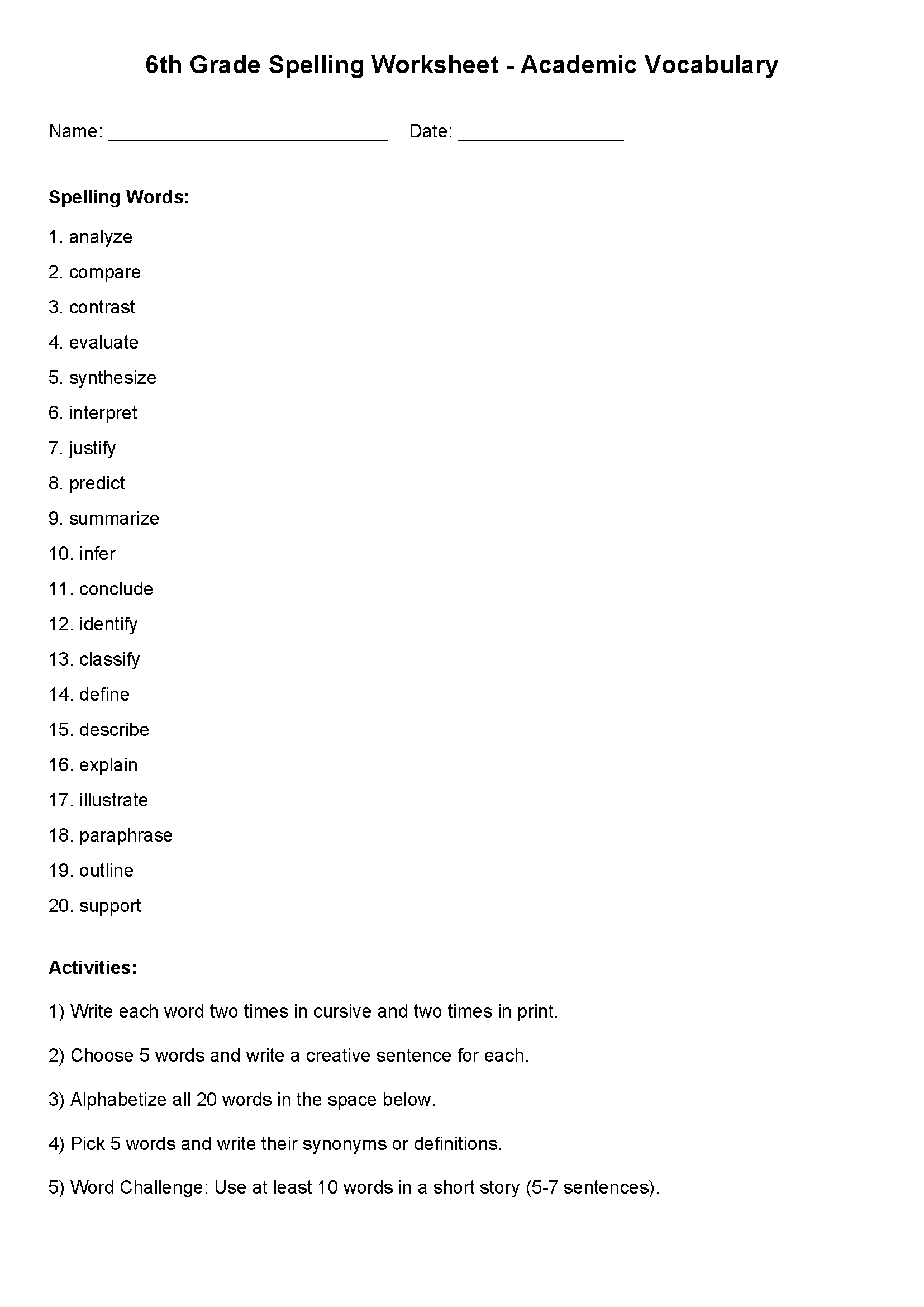 6th Grade Spelling Worksheets | Academic Vocabulary 6th grade Spelling ...