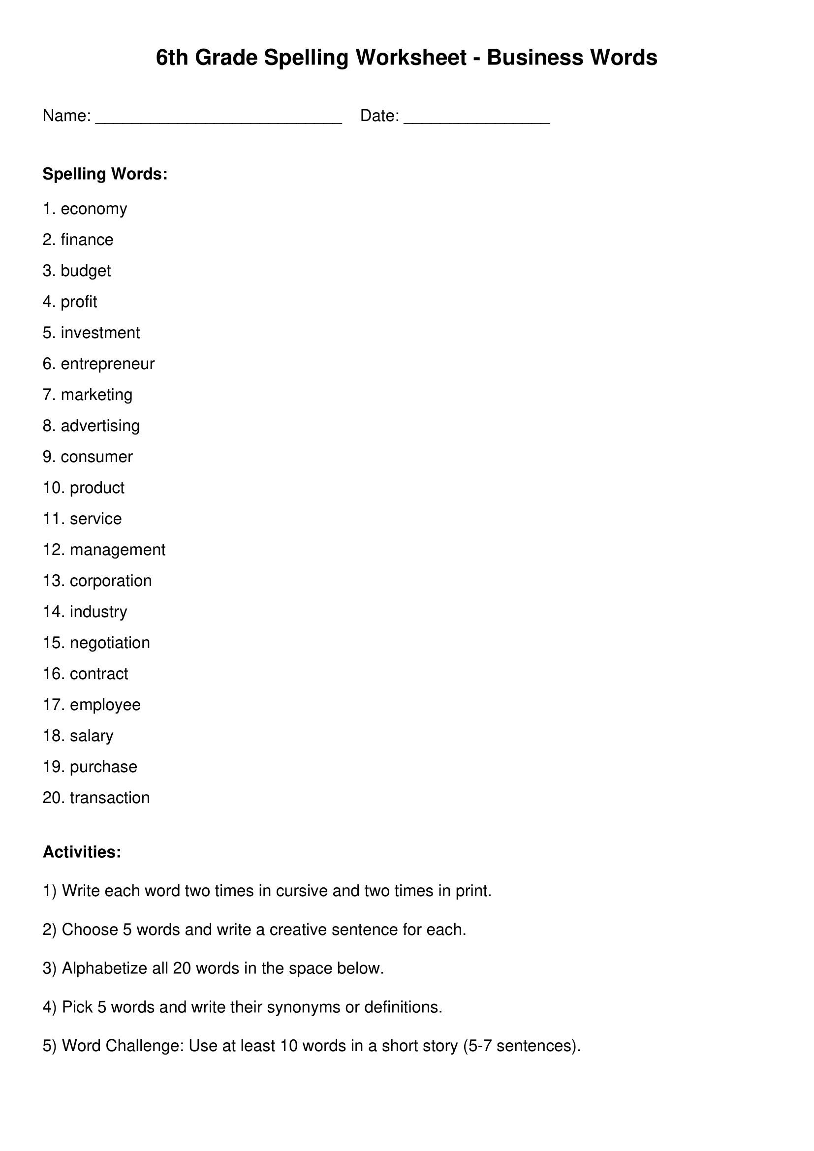 6th Grade Spelling Worksheets | Business Words 6th Grade Spelling ...
