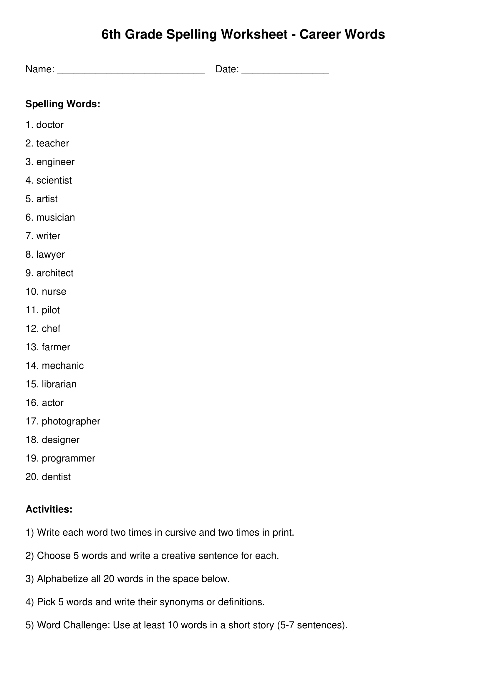 6th Grade Spelling Worksheets | Career Words 6th Grade Spelling Worksheets