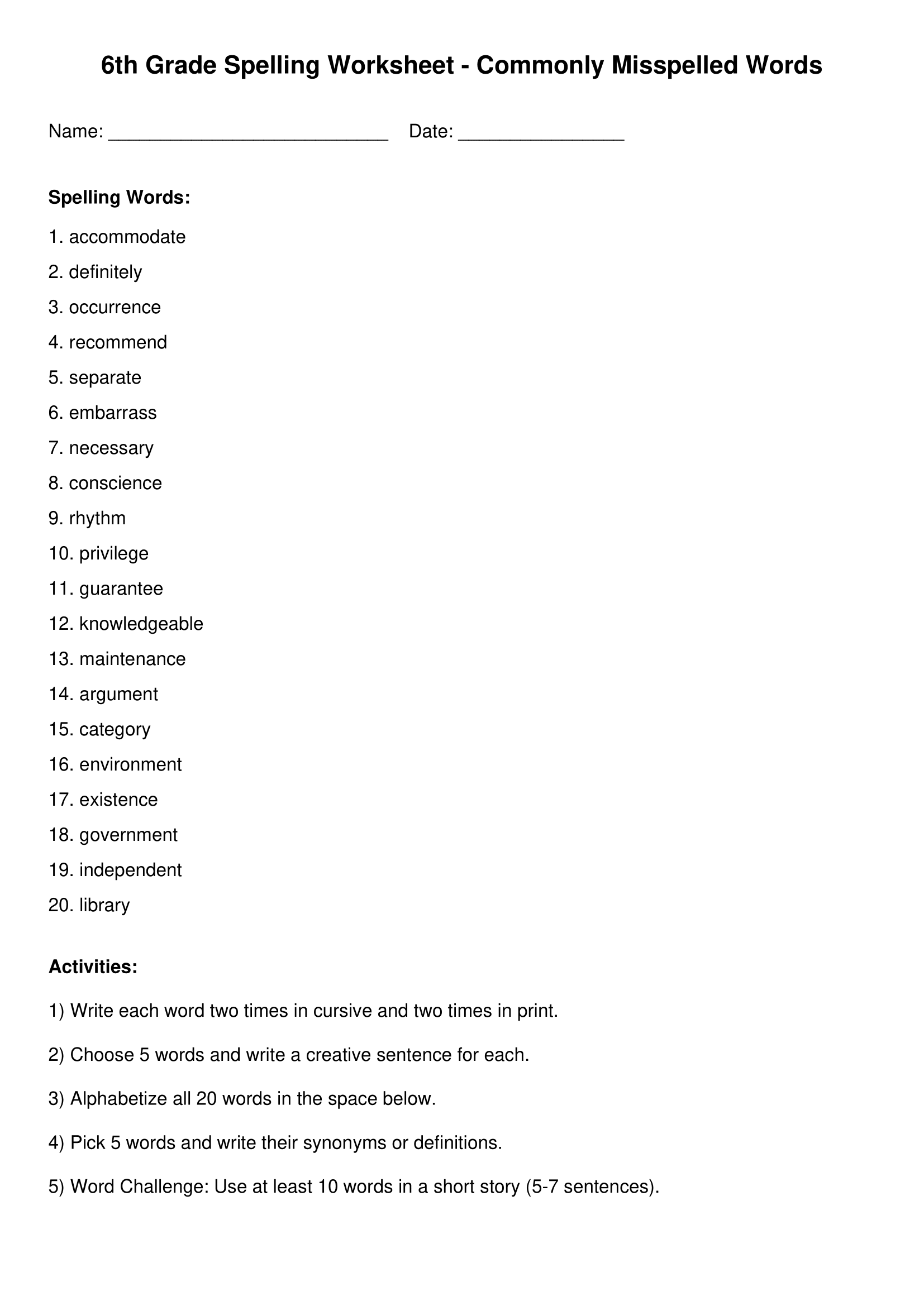 Sixth Grade Spelling Worksheets | Printable Word Lists & Vocabulary ...